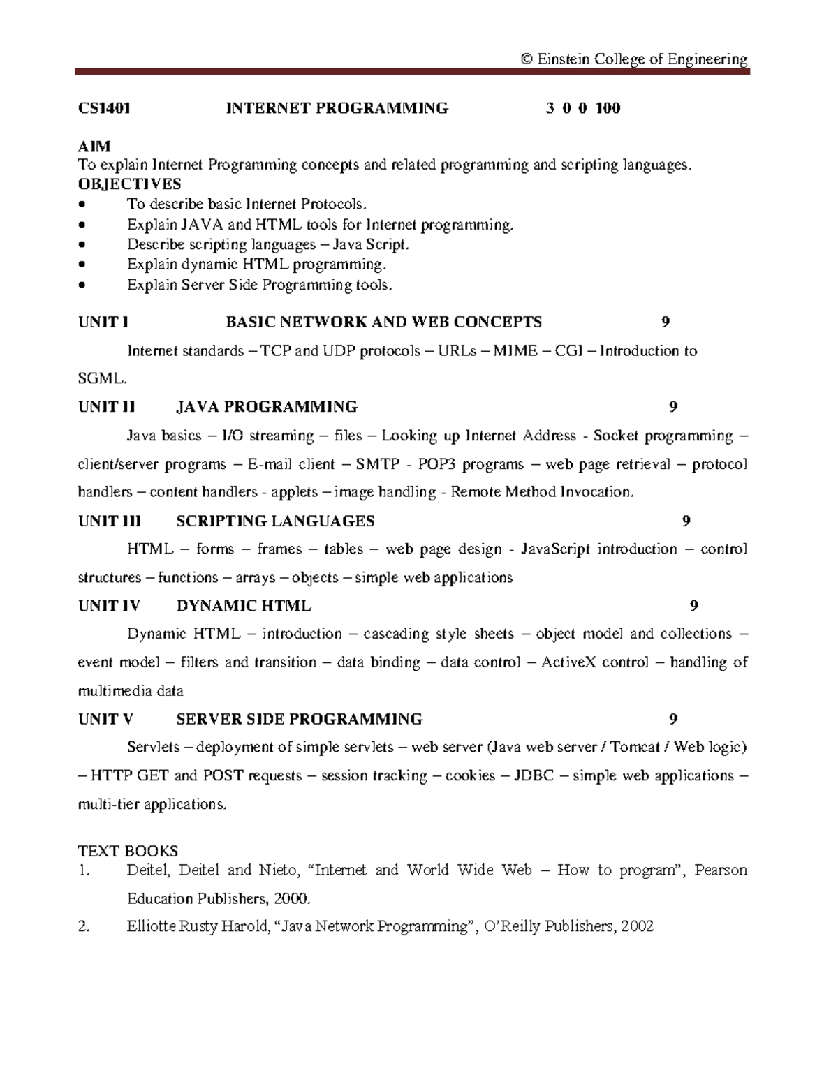 Internet Programming Notes Cs1401 Internet Programming 3 0 0 100