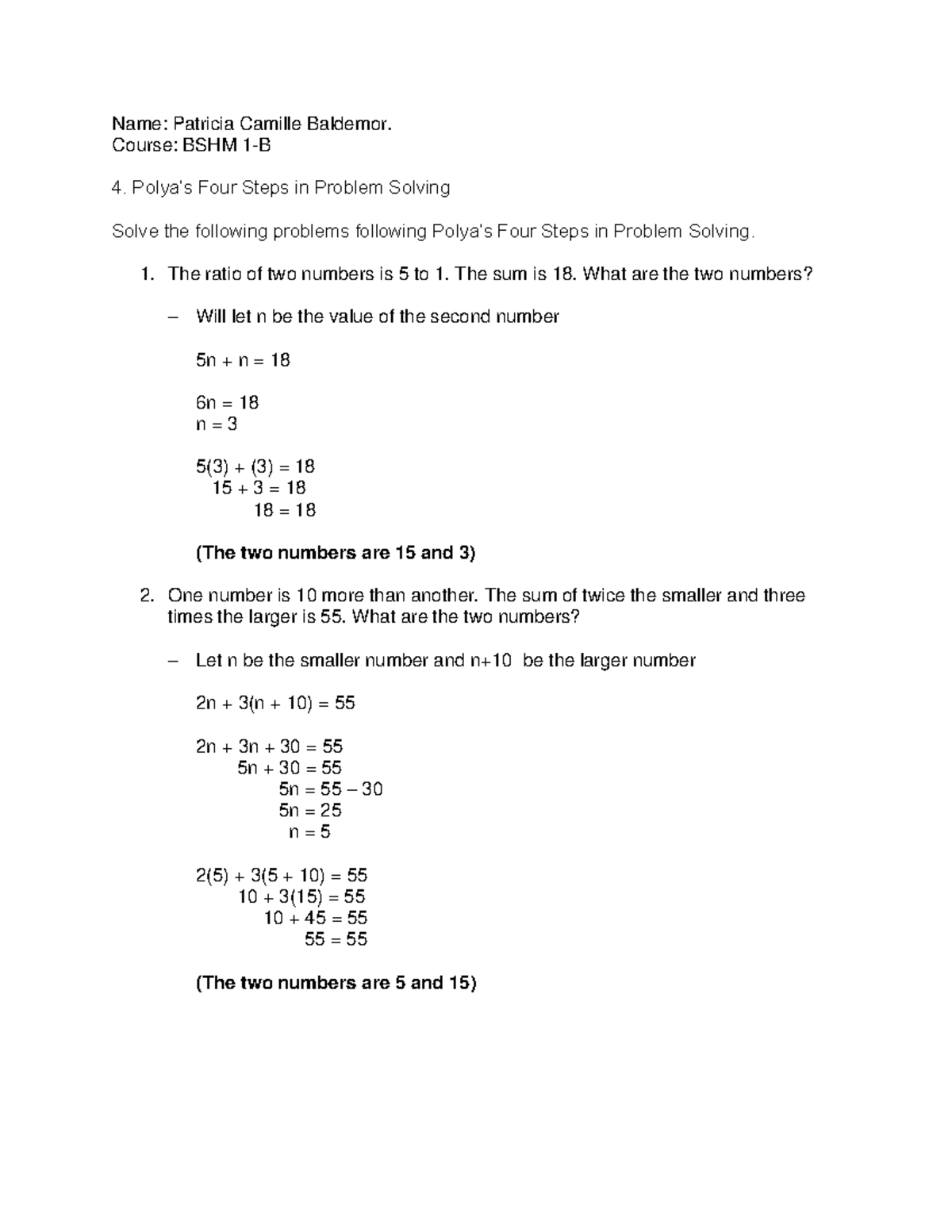 Activity 4 Polya steps. - Name: Patricia Camille Baldemor. Course: BSHM ...