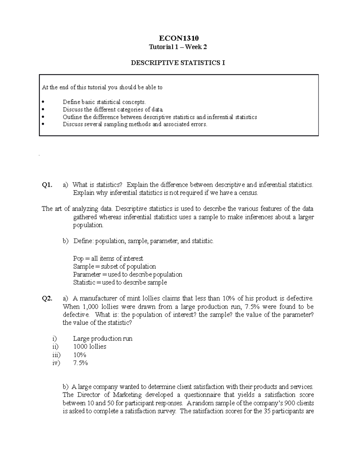 Econ1310 Tutorial 1 Working And Answers Econ Tutorial 1 Week 2 Descriptive Statistics I At