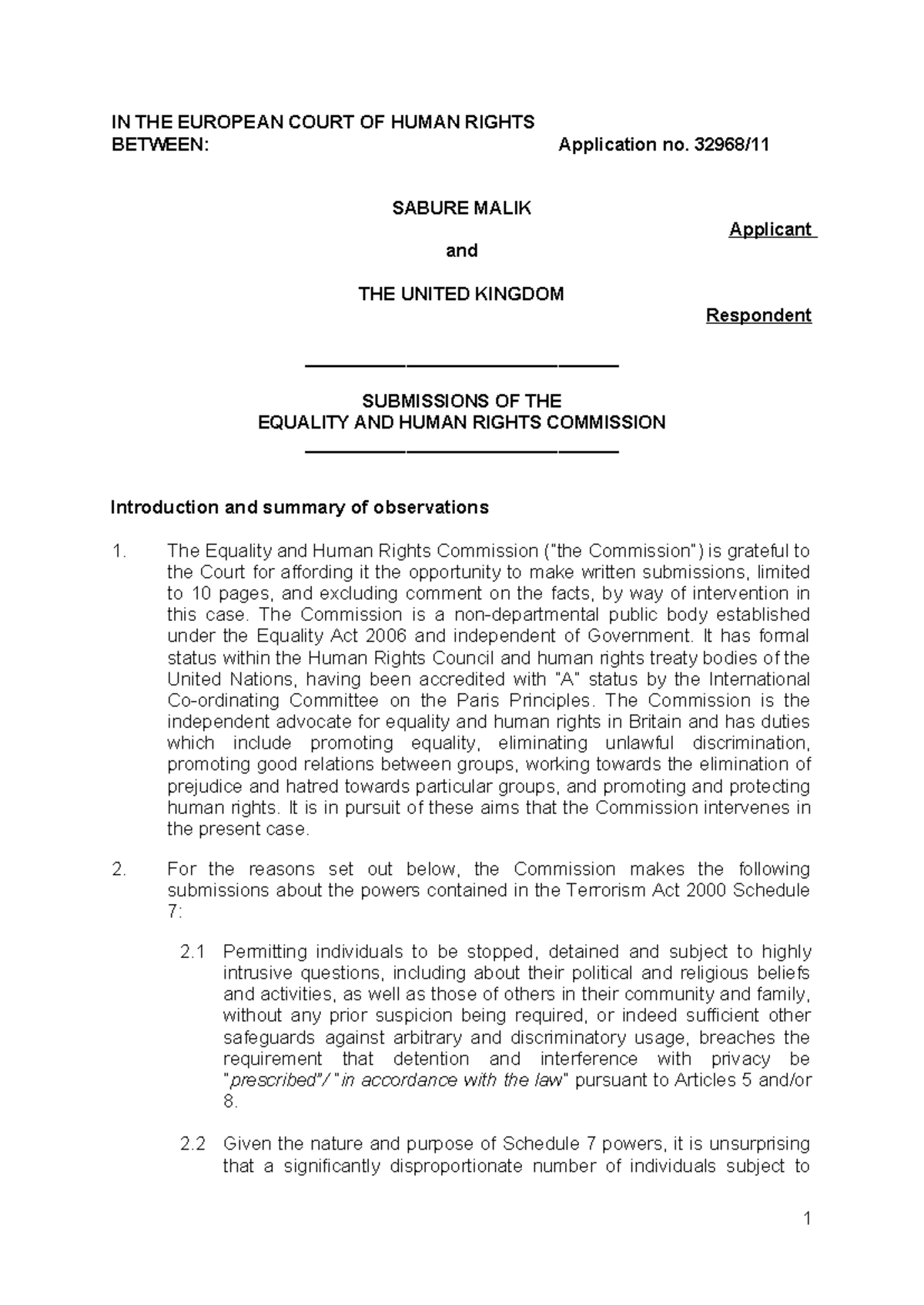 Malik v uk ehrc submission ecthr - IN THE EUROPEAN COURT OF HUMAN ...