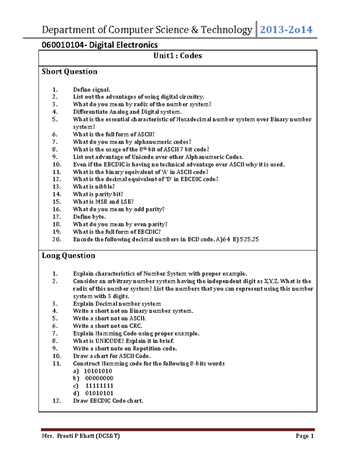 Qbmscit 060010104 - Tutorial - 060010104- Digital Electronics Unit1 : Codes Short Question ...