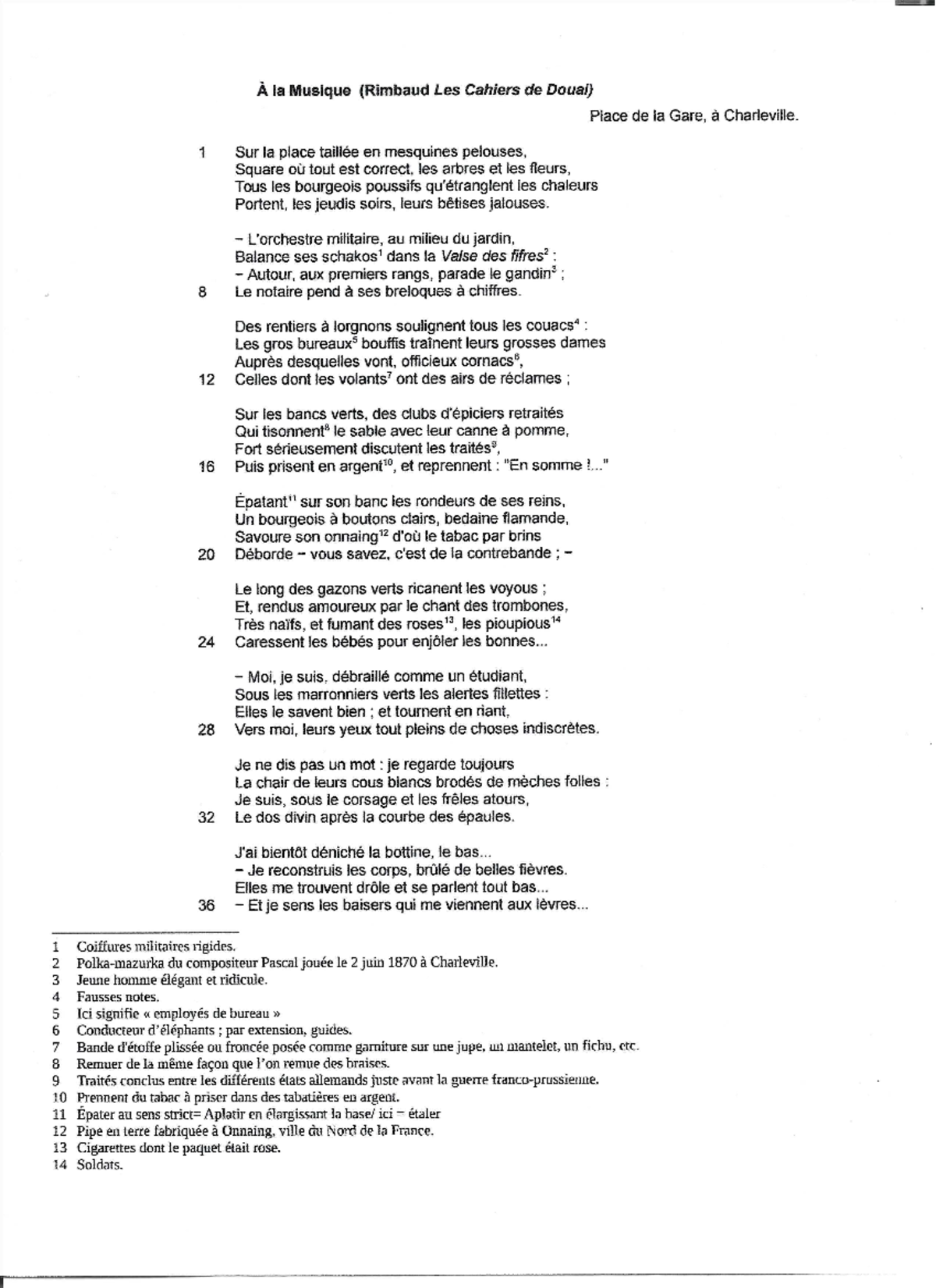 EL1 Rimbaud - À la Musique (Rimbaud Les Cahiers de Douai) Place de la ...