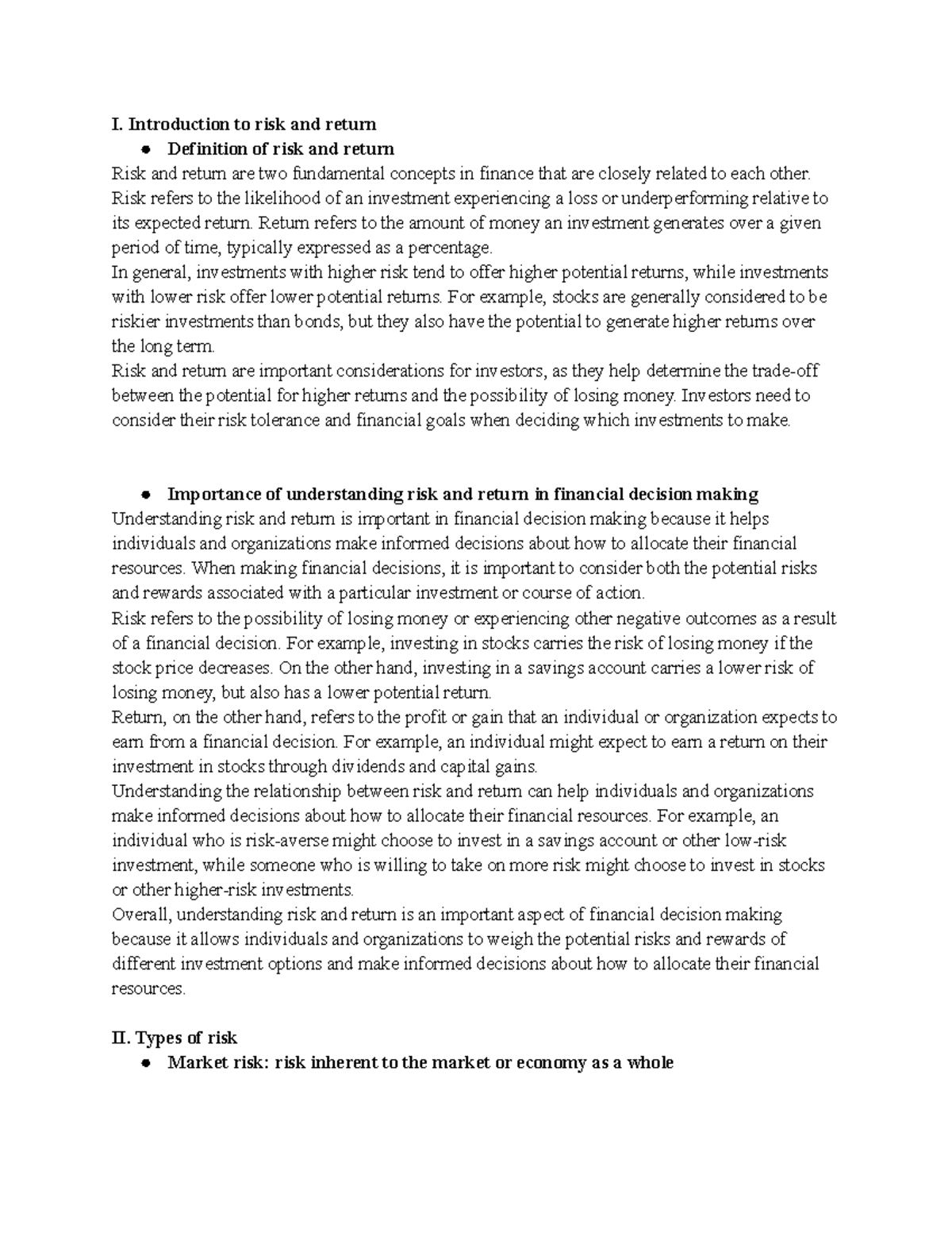 Risk and Return Notes - I. Introduction to risk and return Definition ...