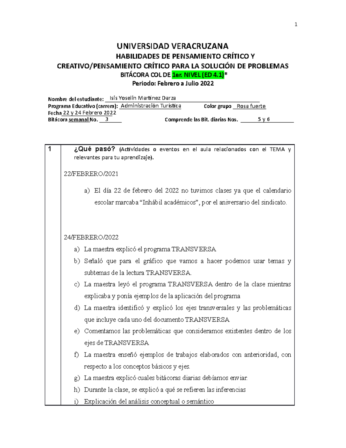 Bitácora COL segundo nivel semana 3 - UNIVERSIDAD VERACRUZANA ...