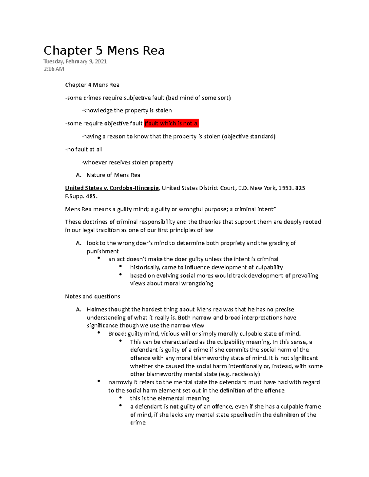 Mens Rea - 1L criminal law notes on mens rea - Chapter 5 Mens Rea ...