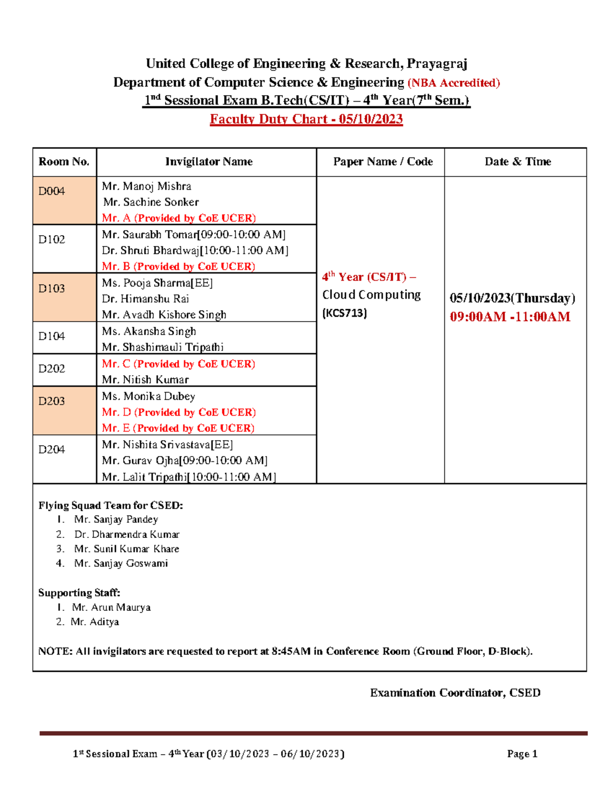 1st Sessional Exam duty(05-10-2023) - United College of Engineering ...