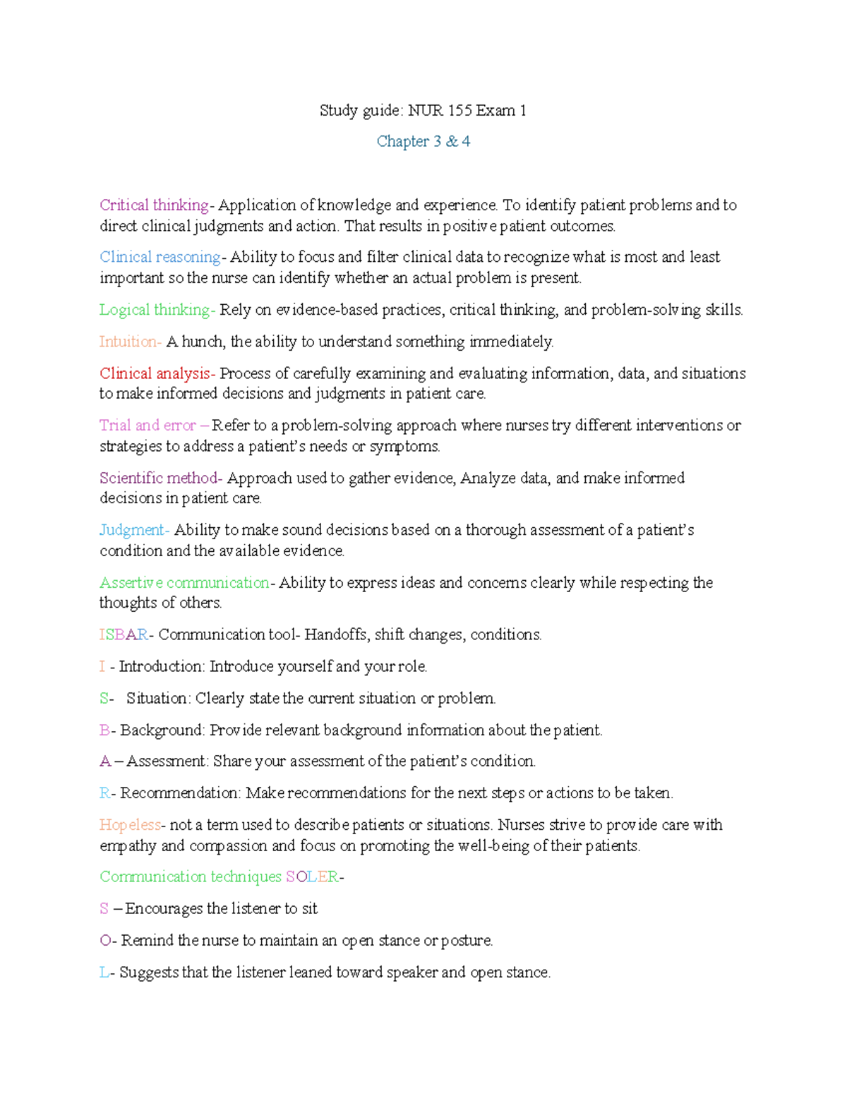 Study guide NUR 155 - Study guide: NUR 155 Exam 1 Chapter 3 & 4 ...