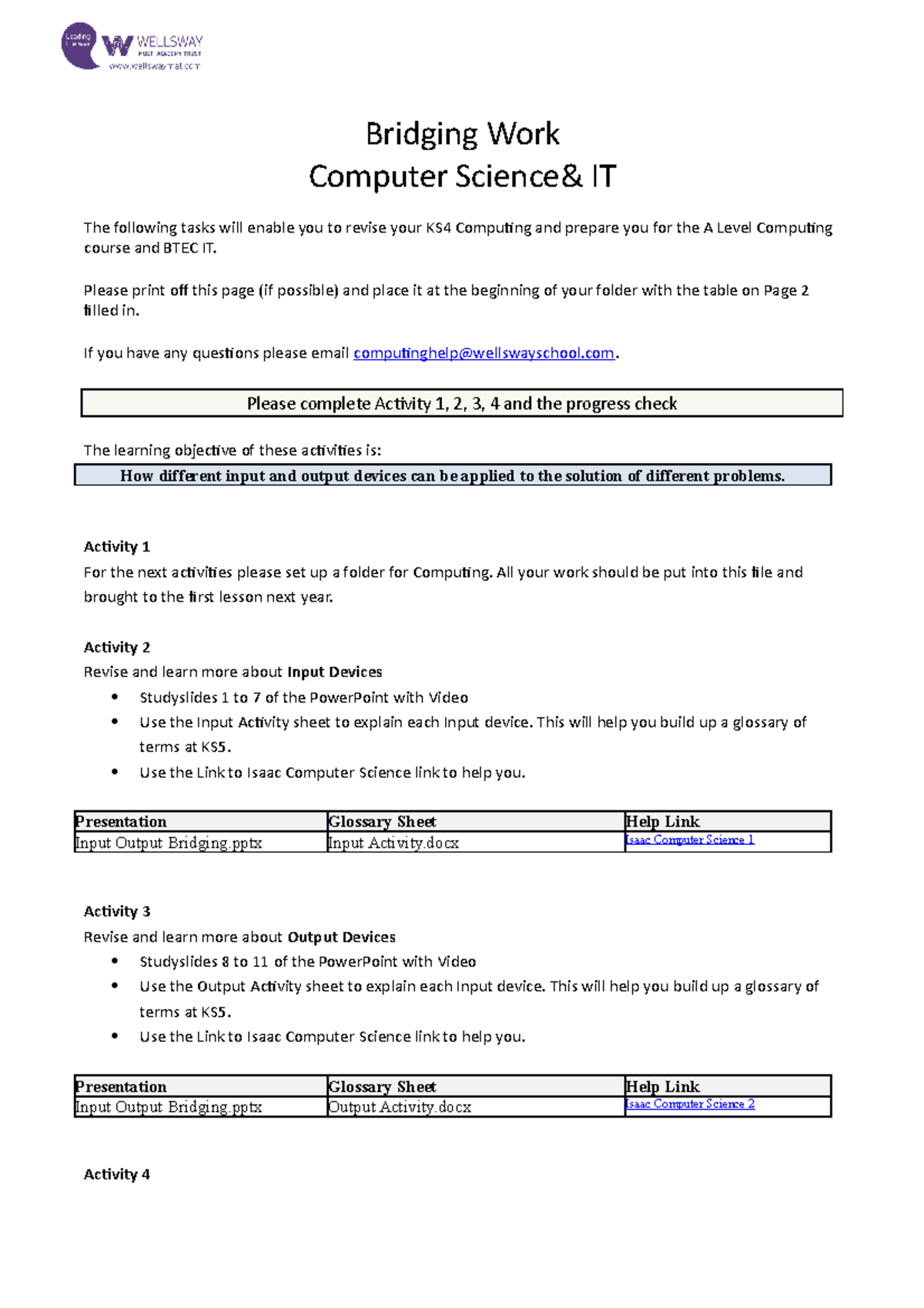 Computing & IT A Level BW - Bridging Work Computer Science& IT The ...