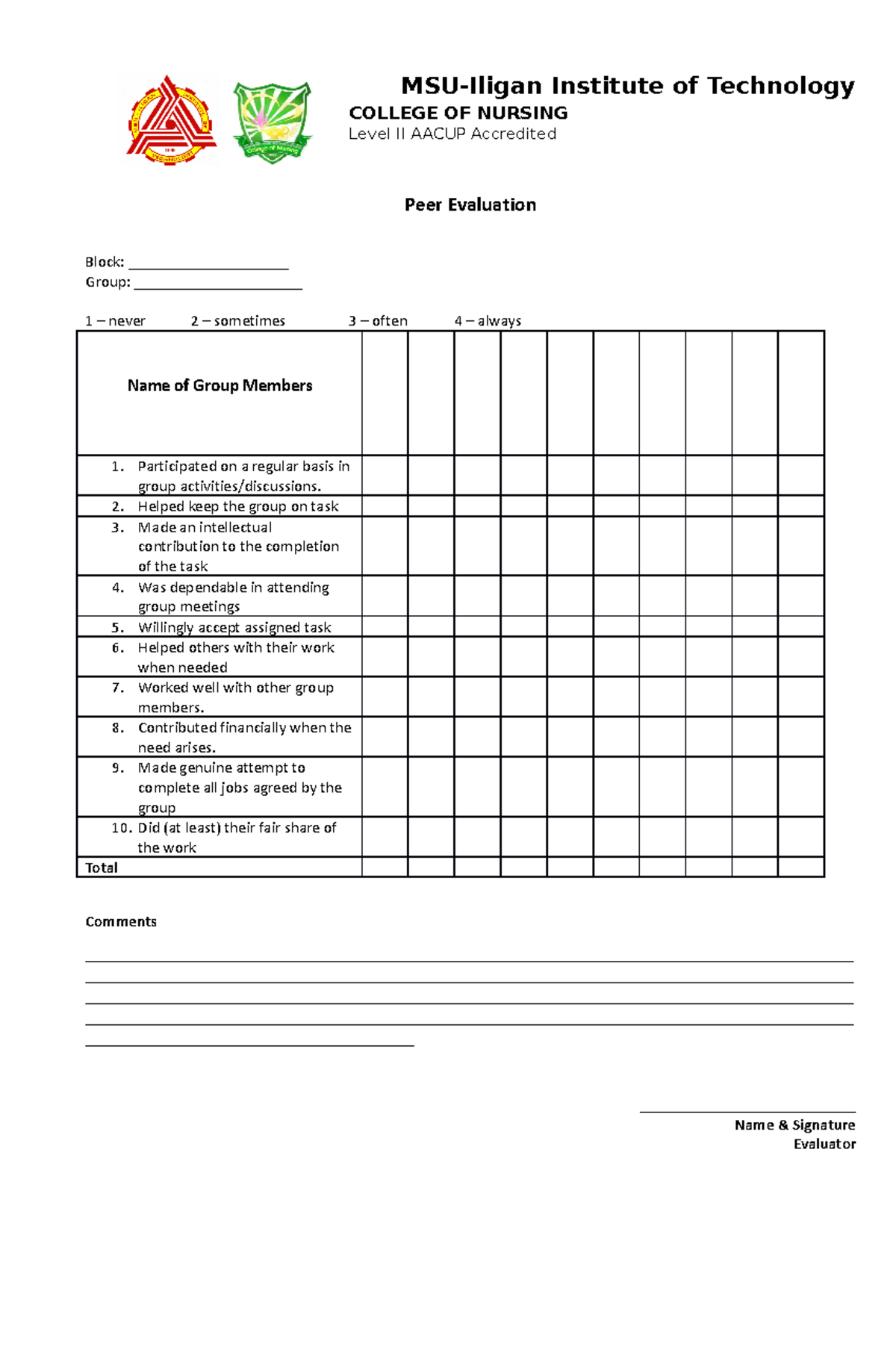 Peer-Evaluation - MCN - MSU-Iligan Institute of Technology COLLEGE OF ...