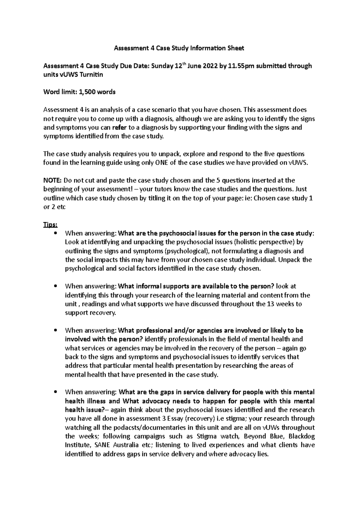 Assessment 4 - Case Study Information Sheet(3) - Assessment 4 Case ...