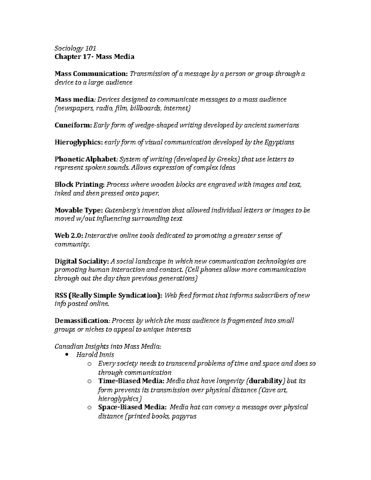 Chapter 17 - Lecture notes 17 - Sociology 101 Chapter 17- Mass Media ...