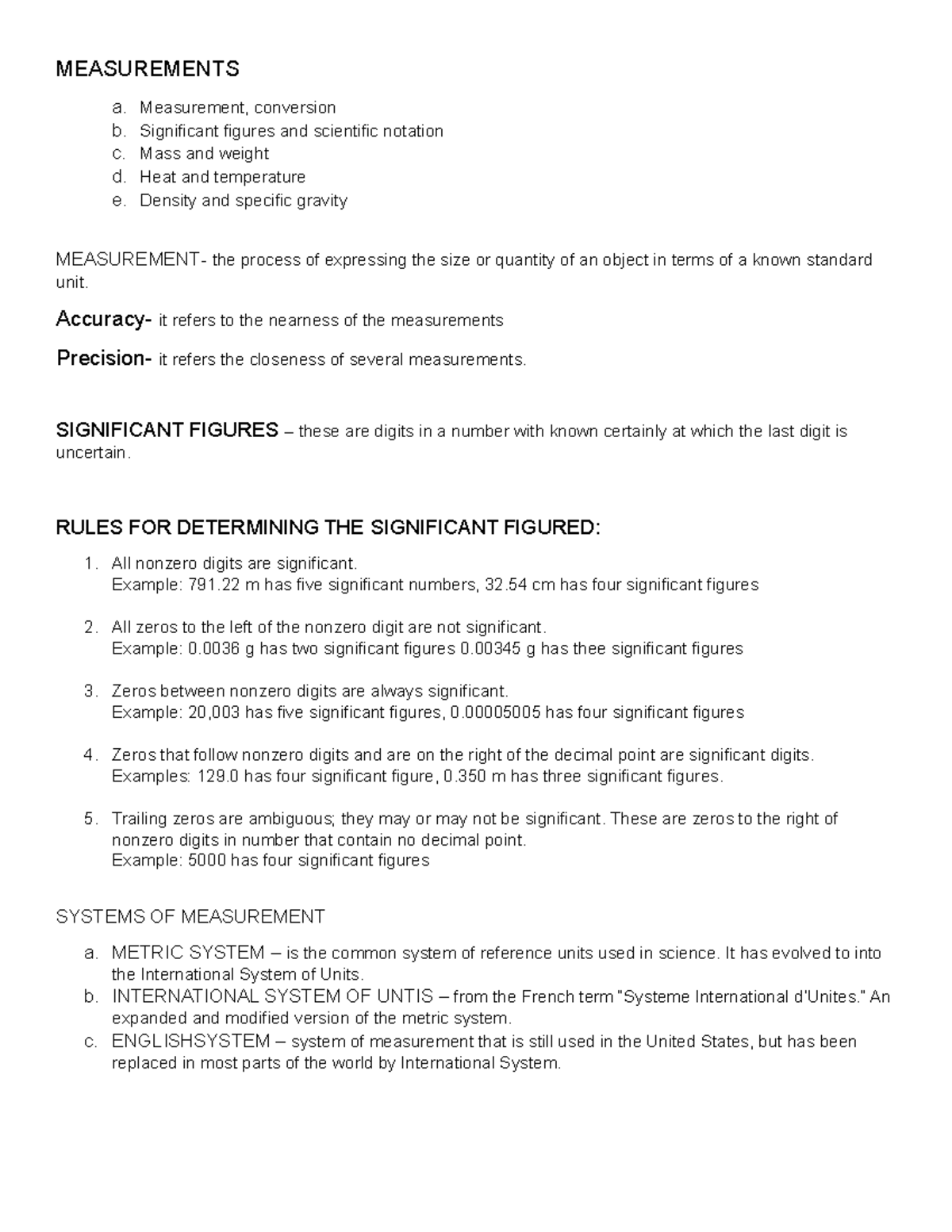 5 Measurements - MEASUREMENTS a. Measurement, conversion b. Significant ...