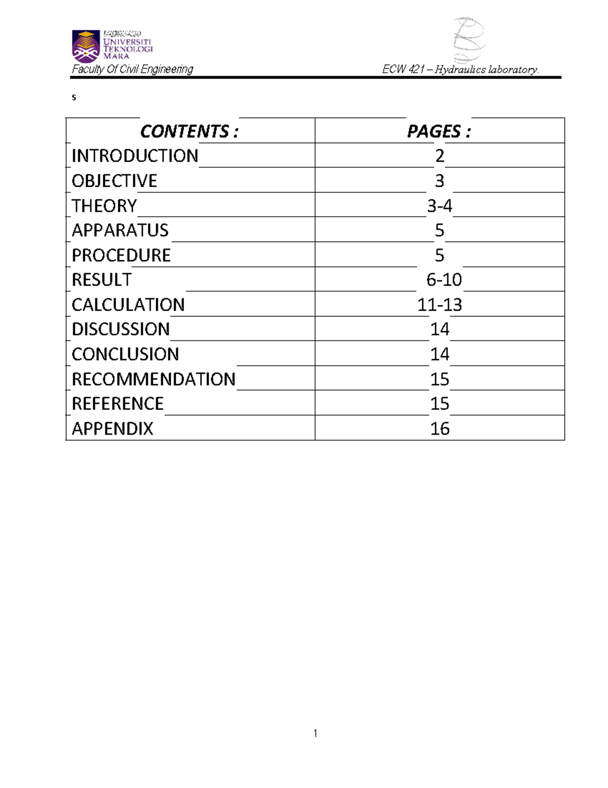 Flow Over a Broad crested Weir Lab Report - s INTRODUCTION CONTENTS ...