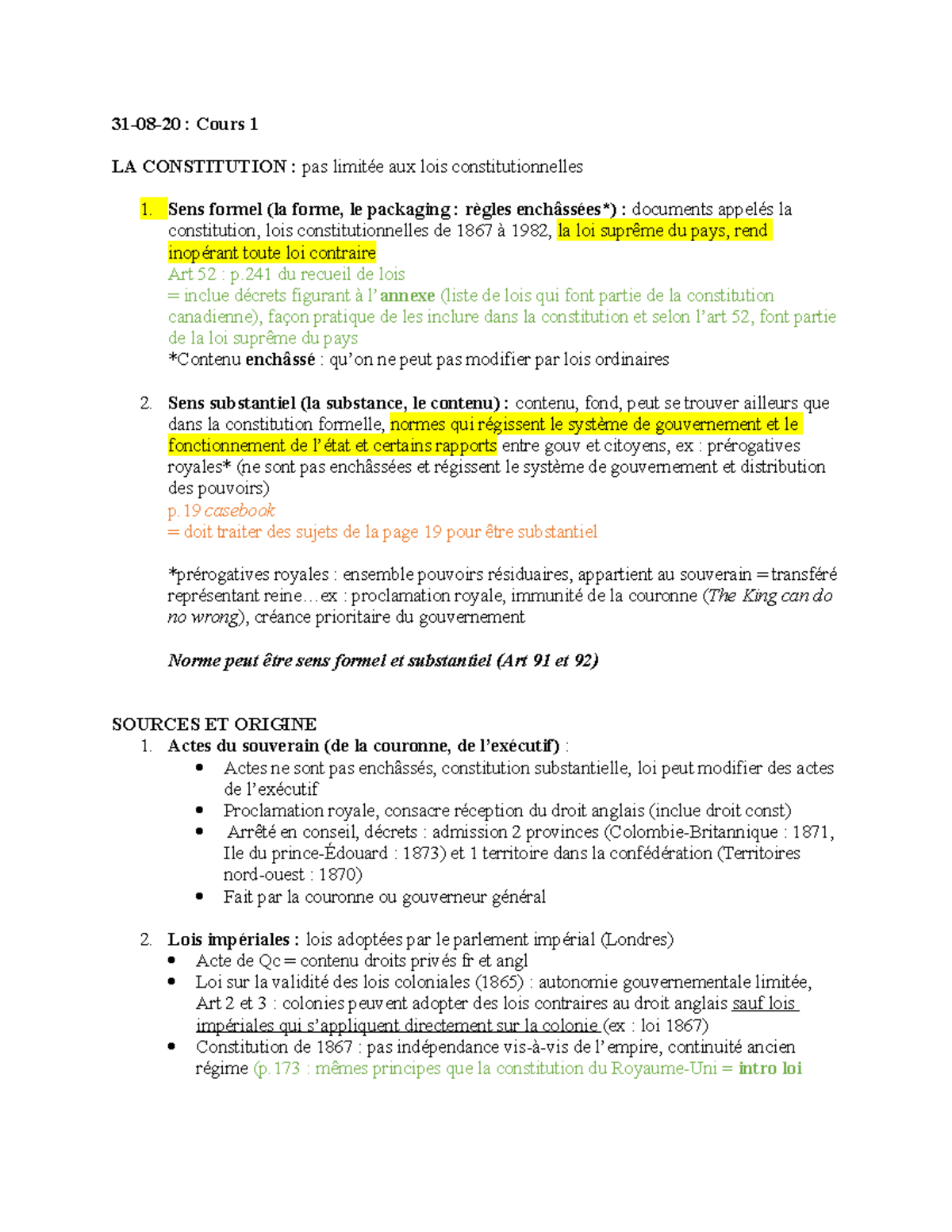 Note 2eannée - Note de cours - 31-08-20 : Cours 1 LA CONSTITUTION : pas limitée aux lois - Studocu