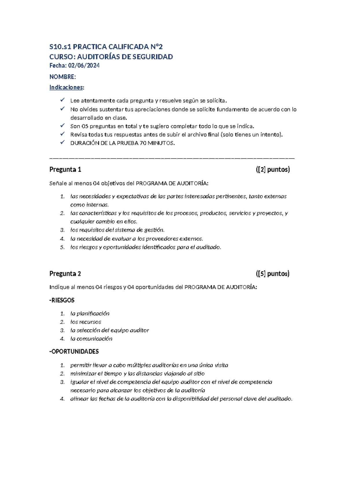 S06 s1 Práctica Calificada N°2 - 19910 darwin - S10 PRACTICA CALIFICADA N° CURSO: AUDITORÍAS DE ...