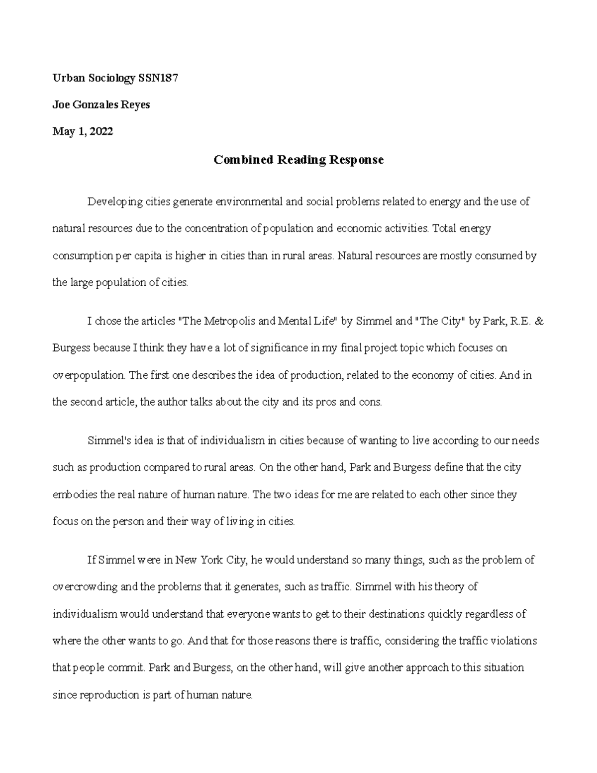 SSN 187 Combined Reading Response for SSN 187 - Urban Sociology SSN Joe ...