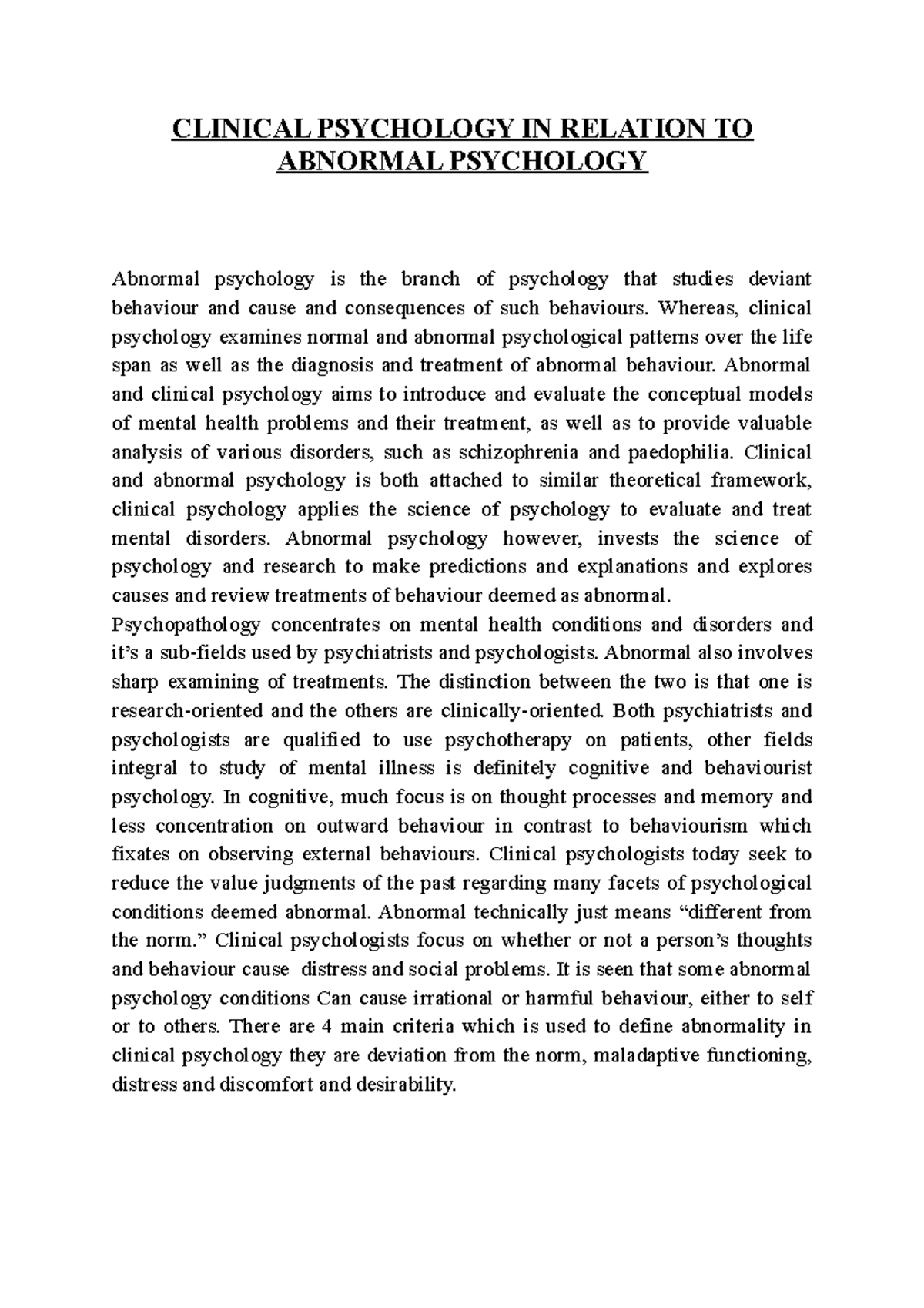 Abnormal psych - CLINICAL PSYCHOLOGY IN RELATION TO ABNORMAL PSYCHOLOGY ...