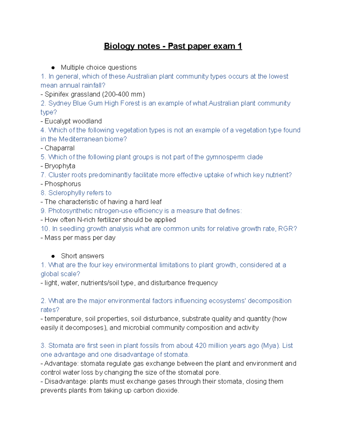 Biology notes - Past paper exam 1 - List one advantage and one ...
