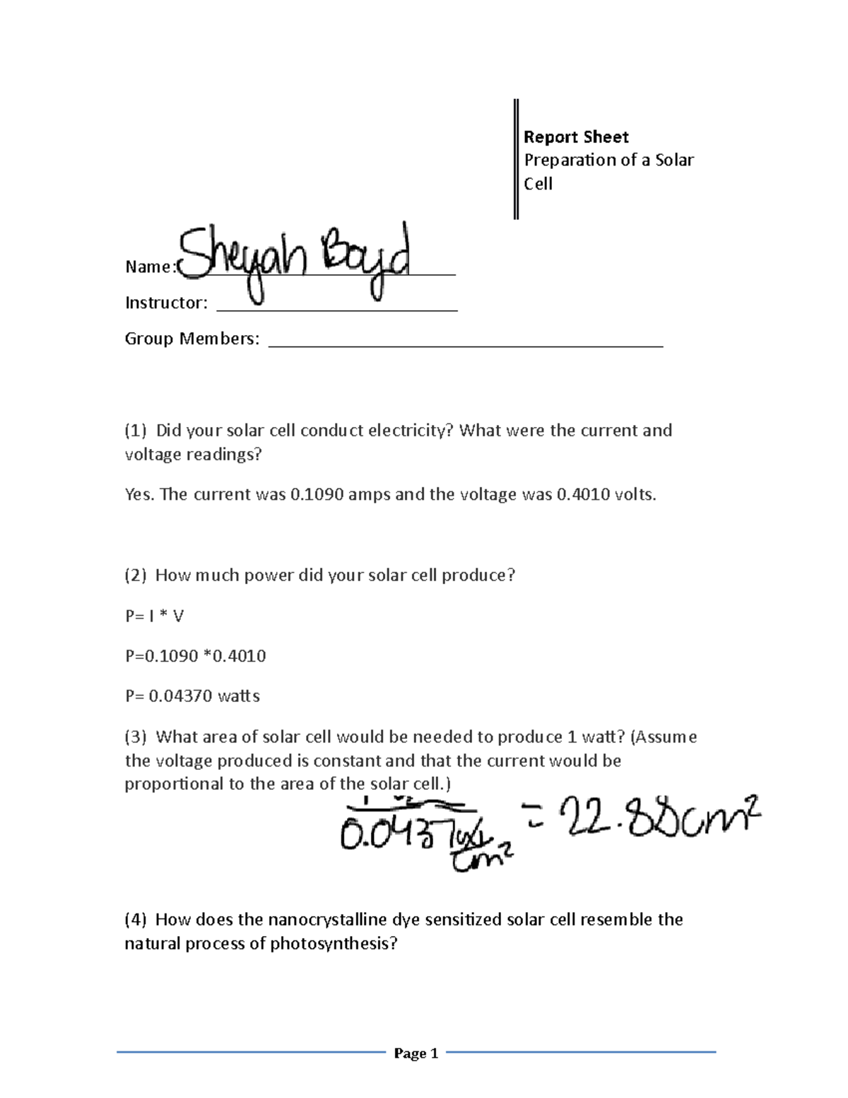 Solar Cell Report Sheet Summer 2020 copy - Report Sheet Preparation of ...