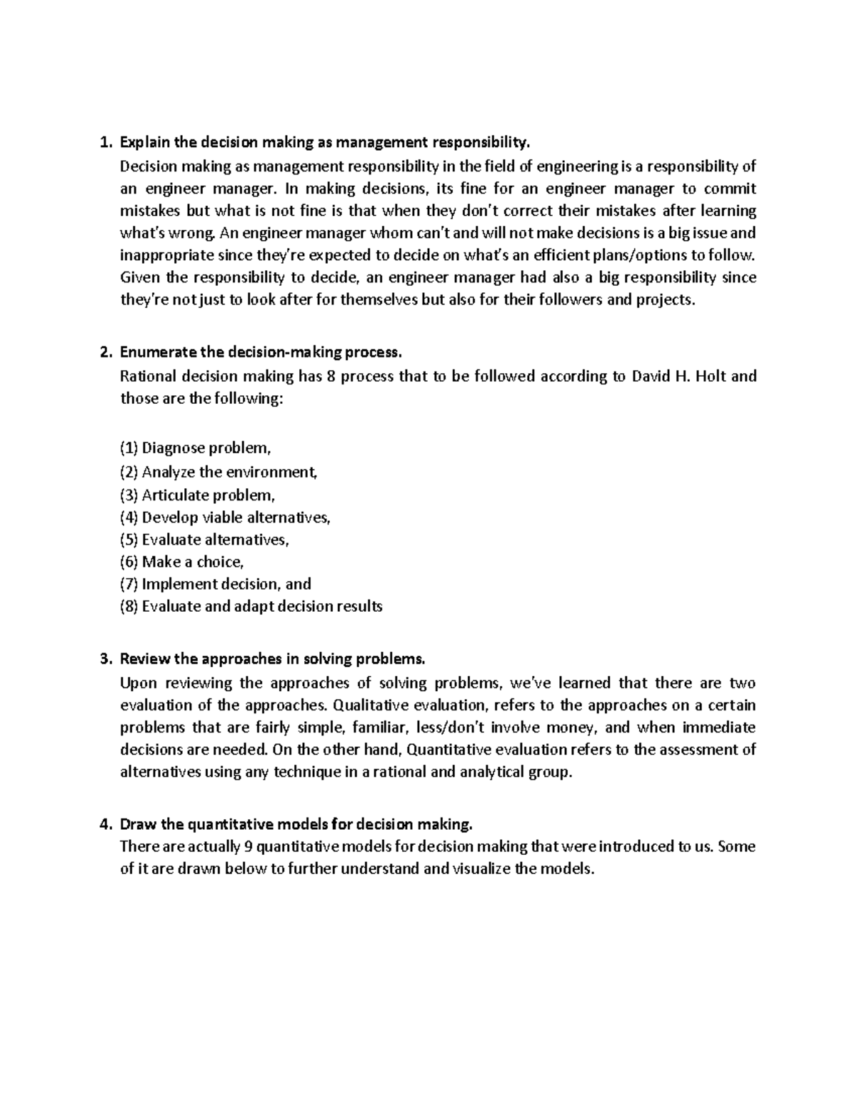 Decision Making - Engineering Management - 1. Explain the decision ...