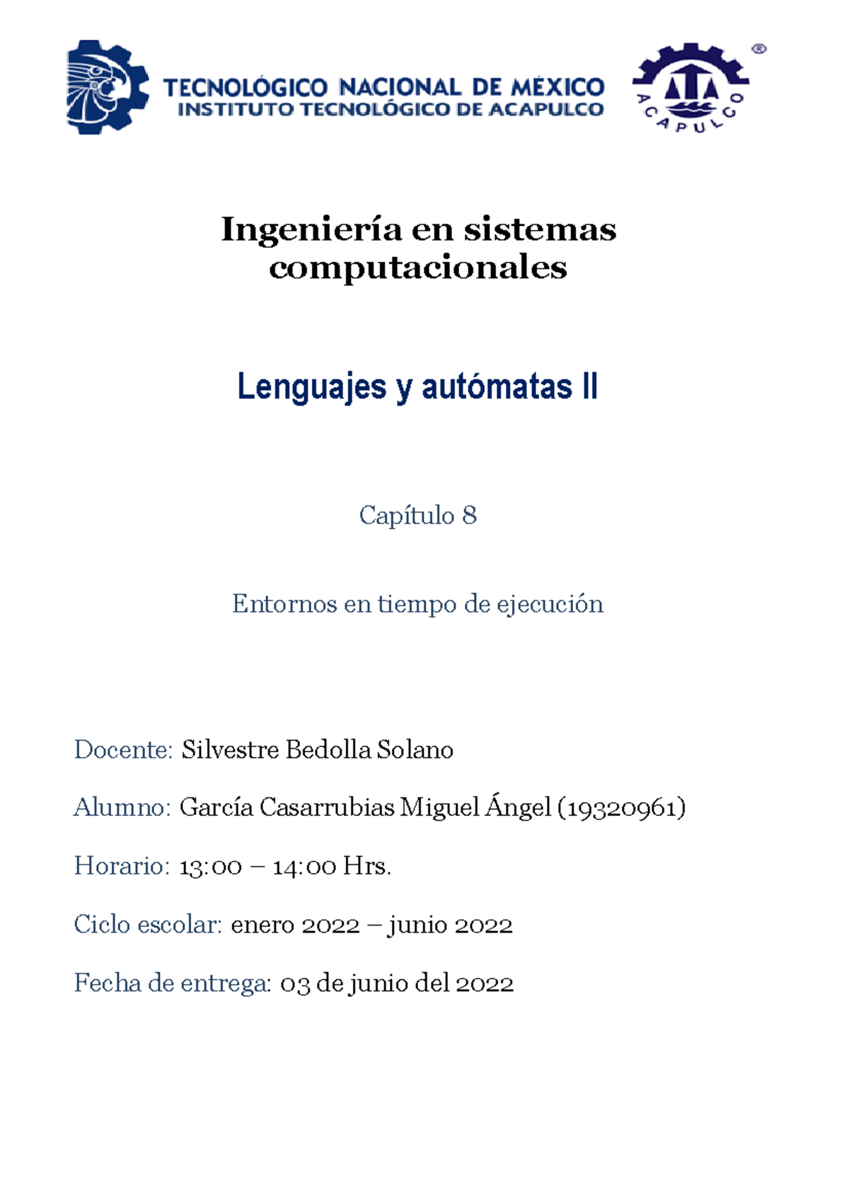 T4. Control de lecturas Capítulo 8 - Ingeniería en sistemas computacionales Lenguajes y ...