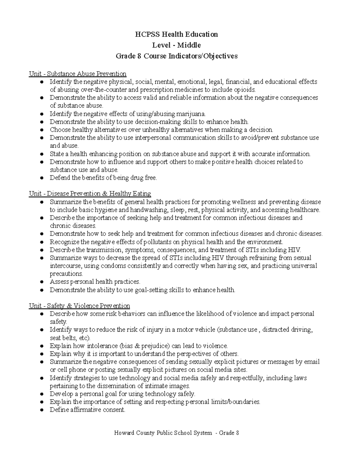 Curriculum health grade 08 - HCPSS Health Education Level - Middle ...