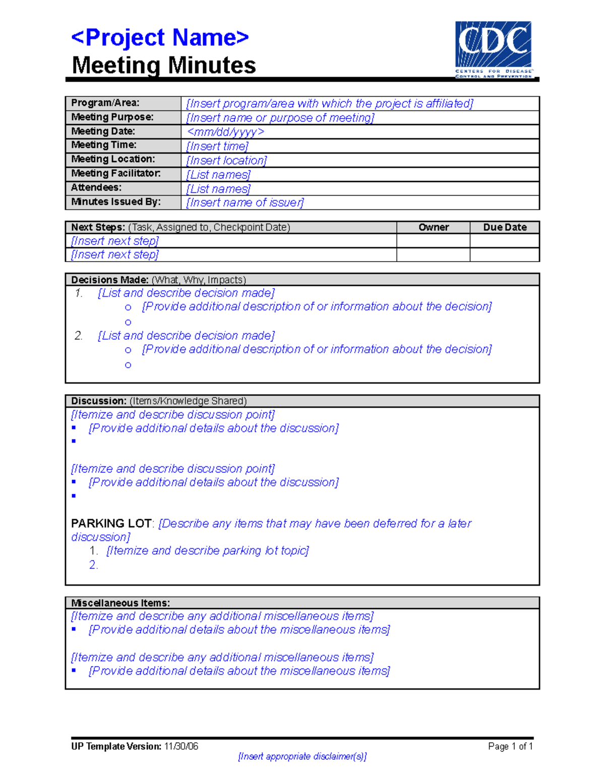 CDC UP Meeting Minutes Template - Meeting Minutes Program/Area: [Insert ...