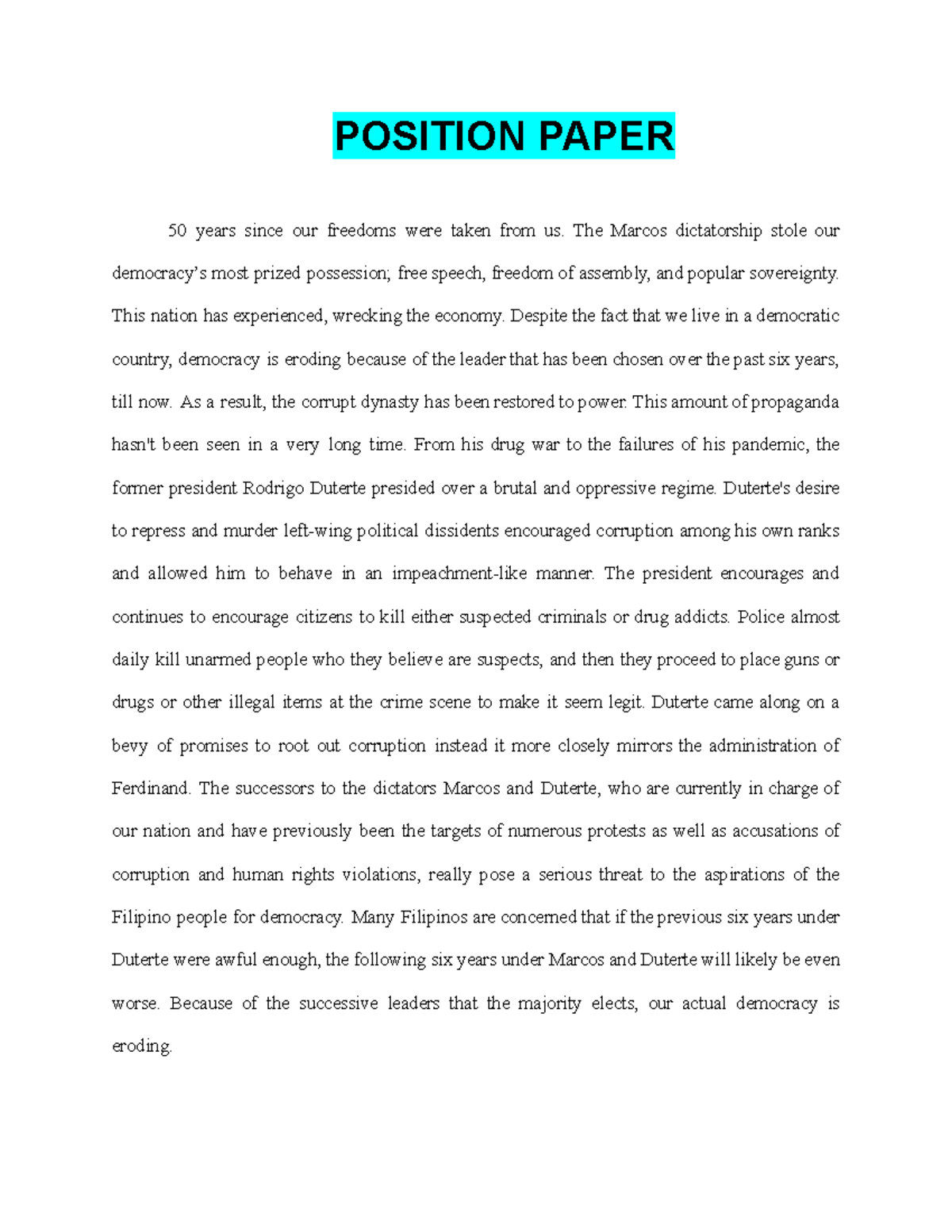 Position Paper - POSITION PAPER 50 years since our freedoms were taken ...