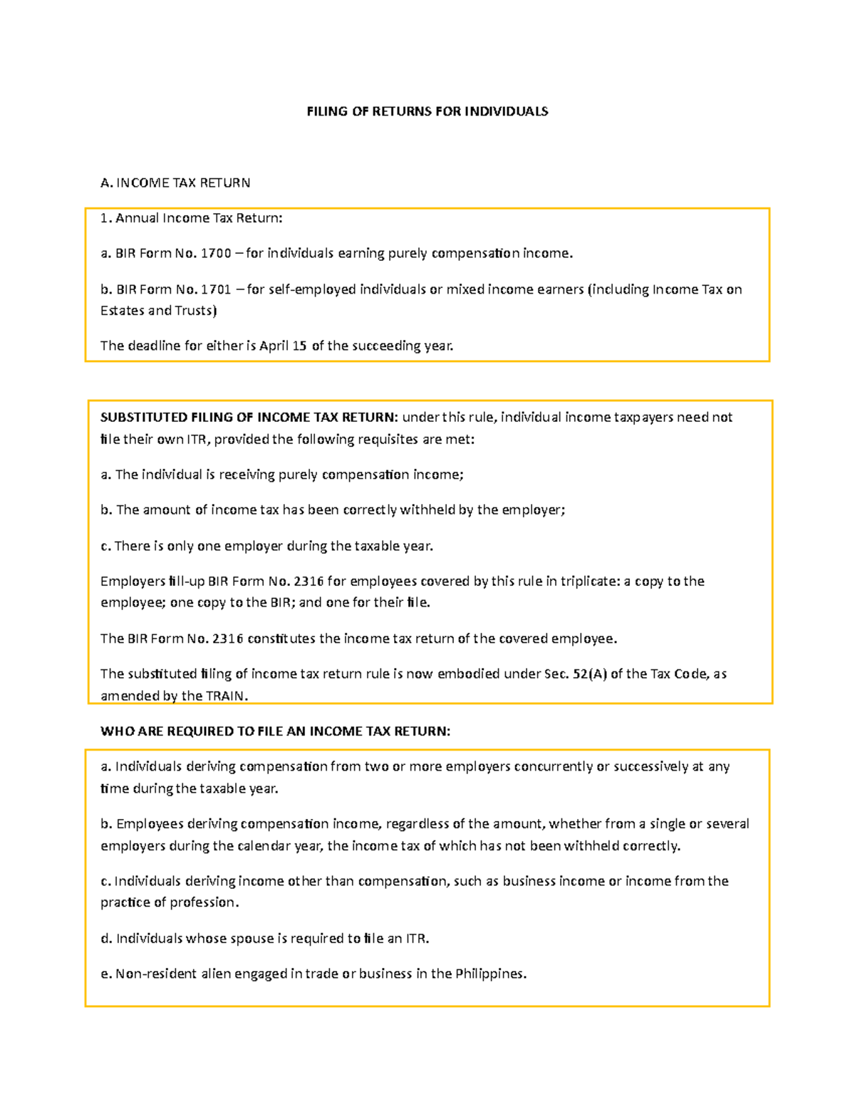Filing OF Returns - FILING OF RETURNS FOR INDIVIDUALS A. INCOME TAX ...