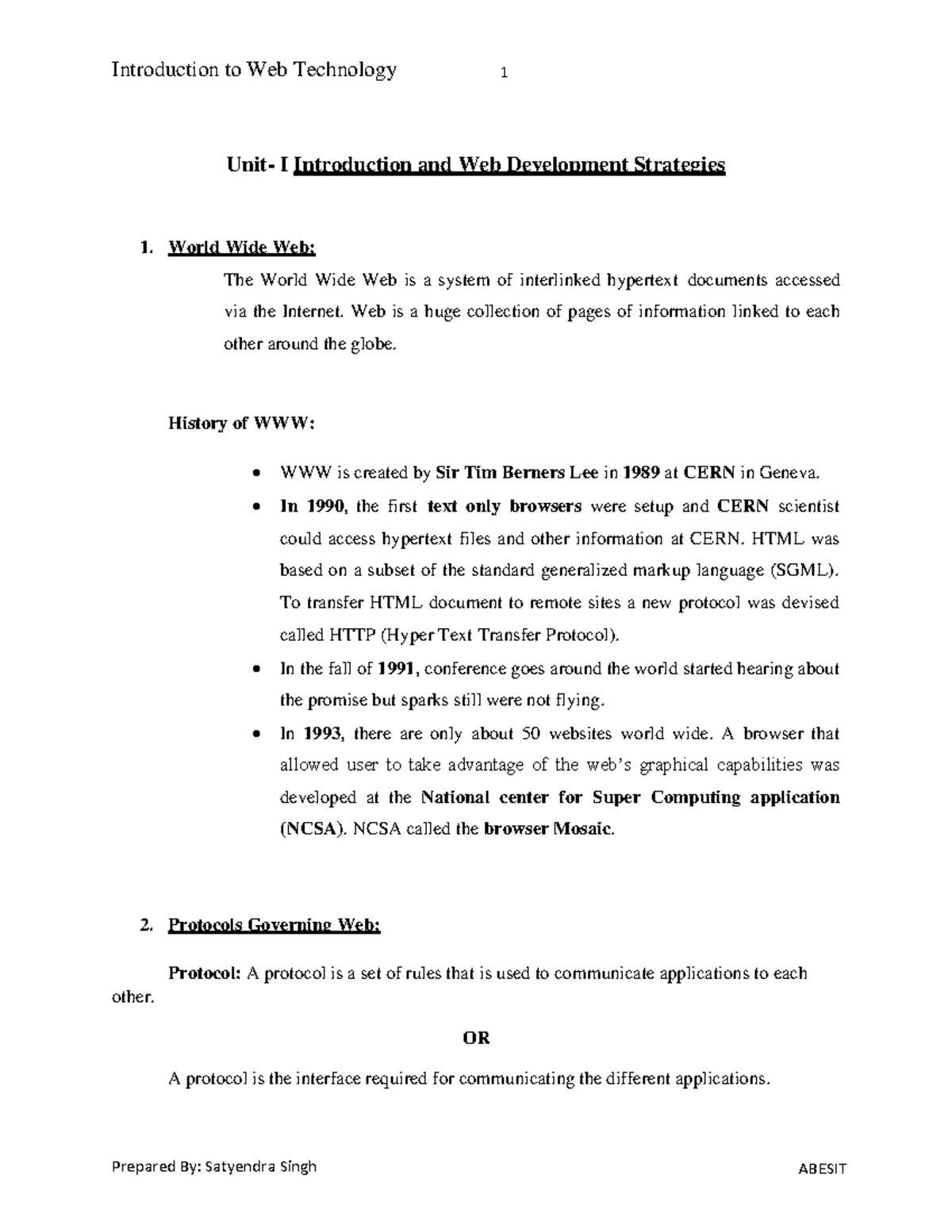 Unit I first Area final - Note for Web Technology - Unit- I Introduction and Web Development ...