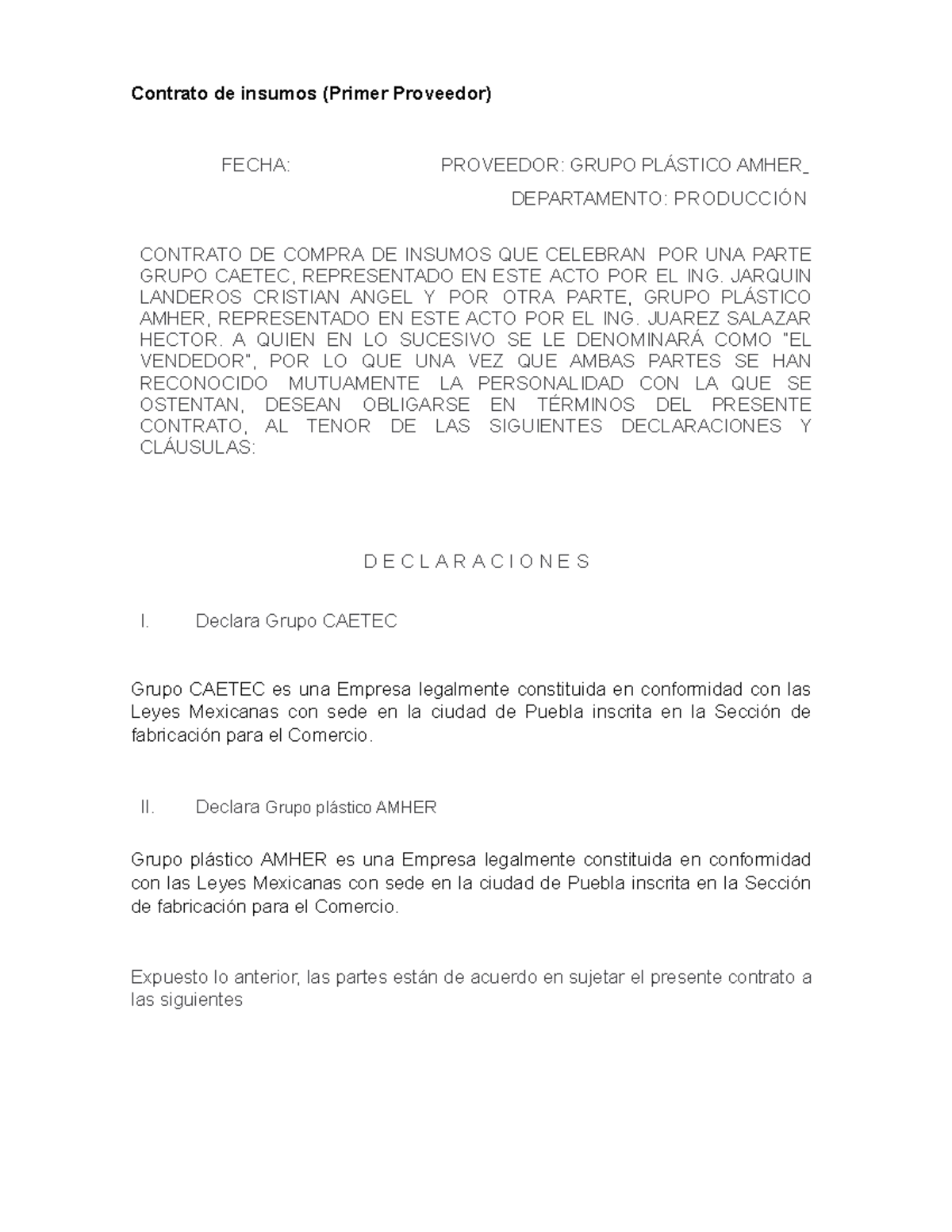 Contratos, formatos y reglamento - Contrato de insumos (Primer ...