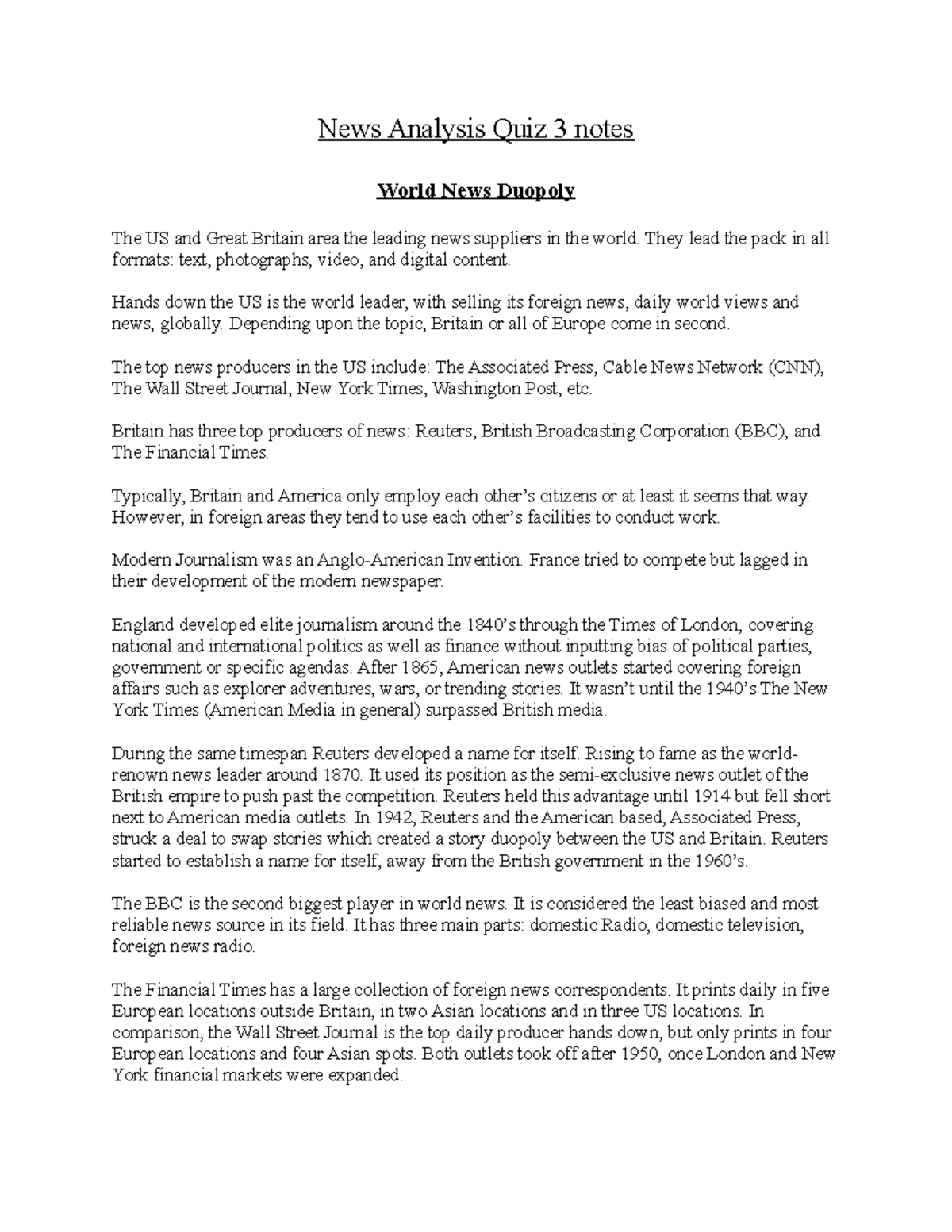 News Analysis Quiz 3 notes - News Analysis Quiz 3 notes World News ...