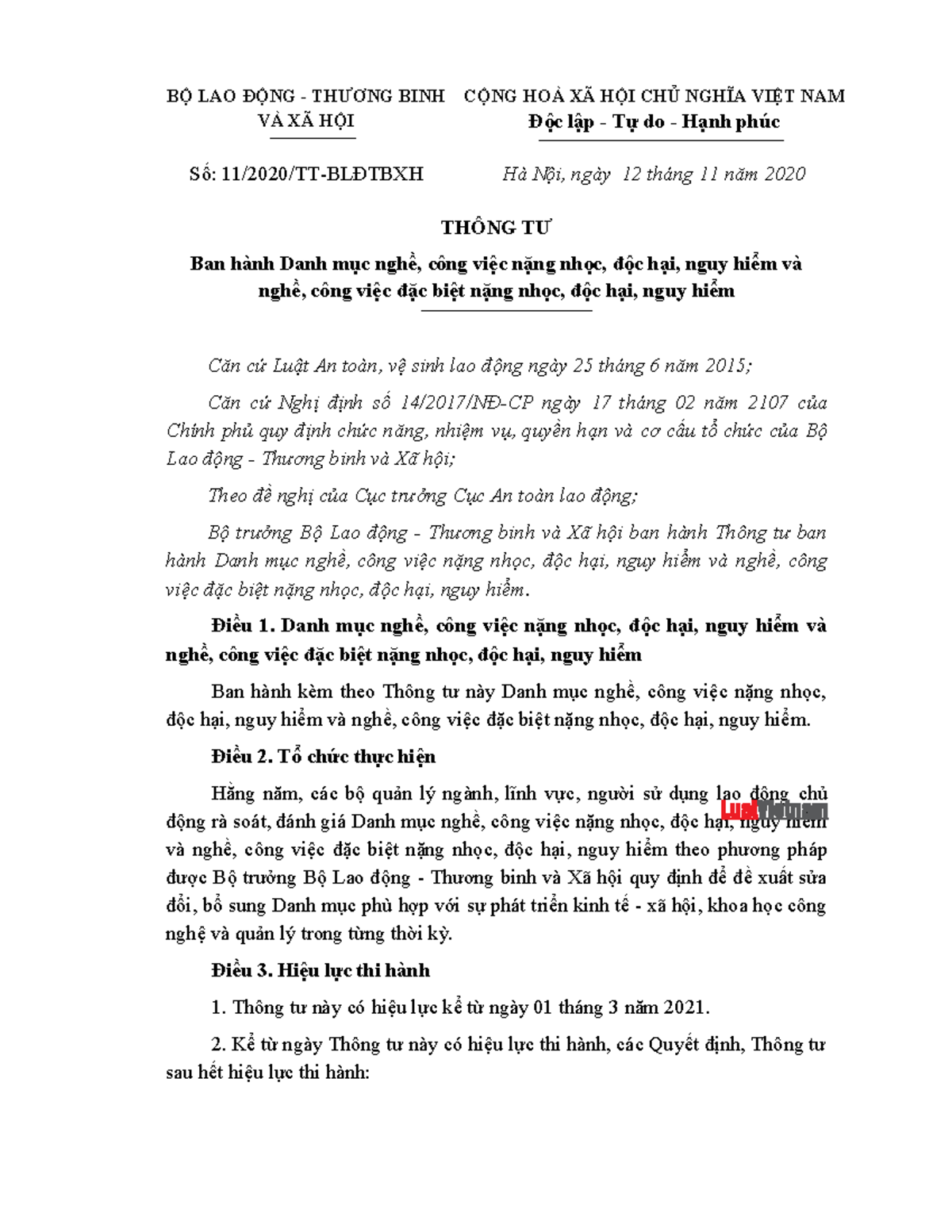 Thong tu 11 2020 nghe cong viec nang nhoc doc hai nguy hiem - BỘ LAO ...
