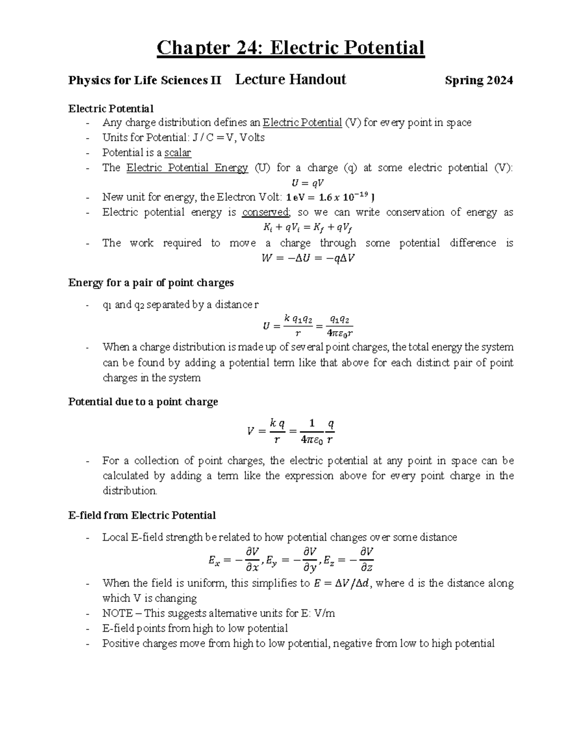 Chapter 24 Lecture Handout - Chapter 24: Electric Potential Physics for Life Sciences II Lecture ...