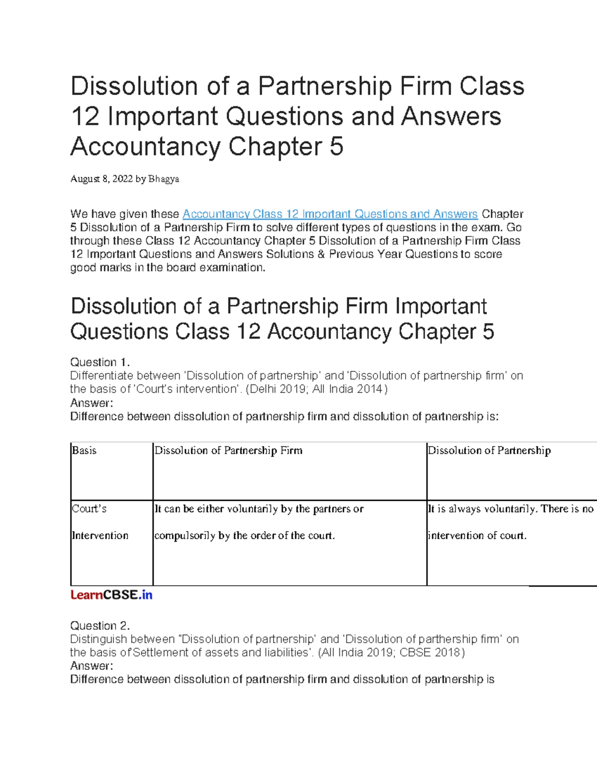 Dissolution of a Partnership Firm Class 12 Important Questions and ...