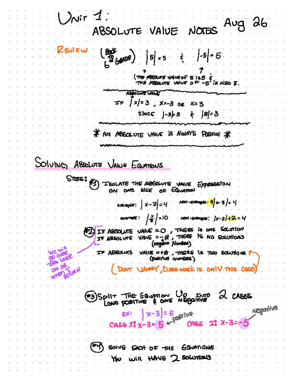Absolute Value Equations Notes - Unit 1 : Aug 26 ABSOLUTE VALUE NOTES ...