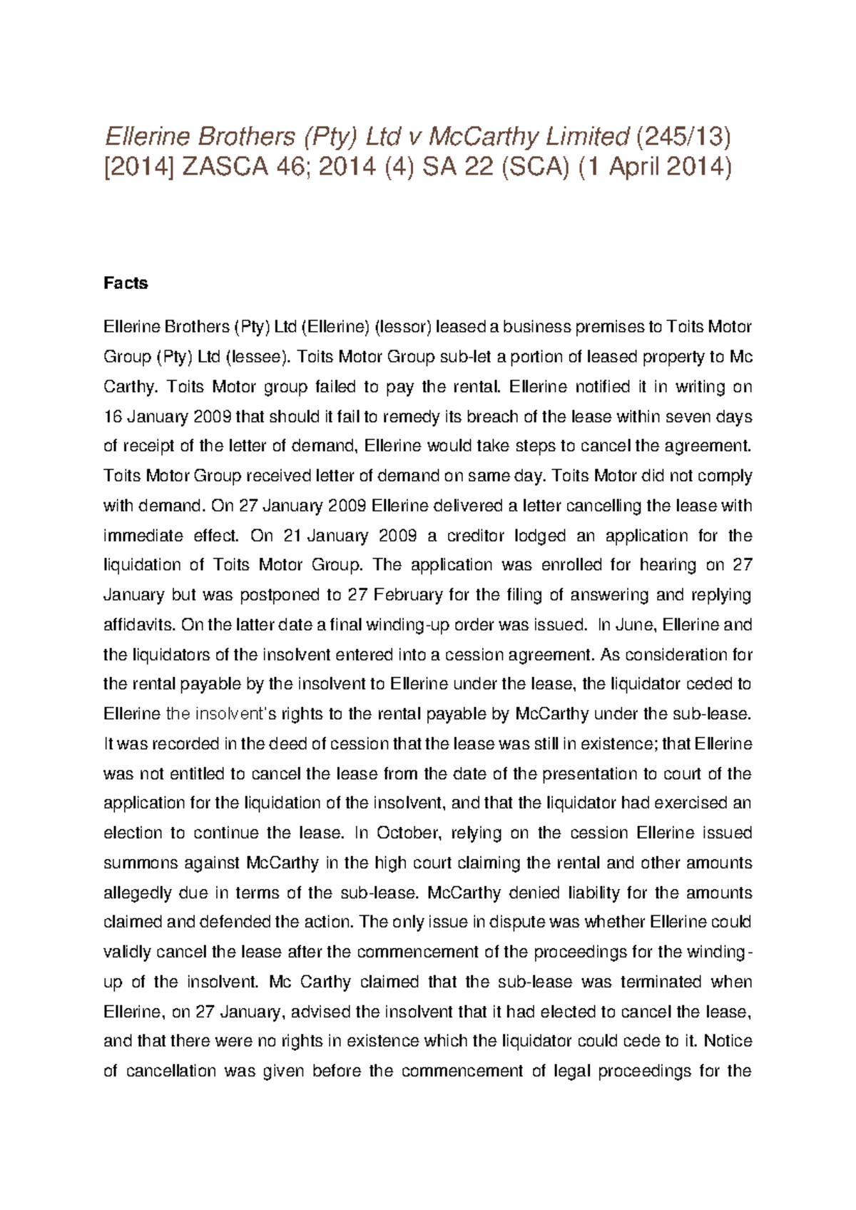Summary Ellerine Brothers (Pty) Ltd v Mc Carthy Limited - Ellerine ...
