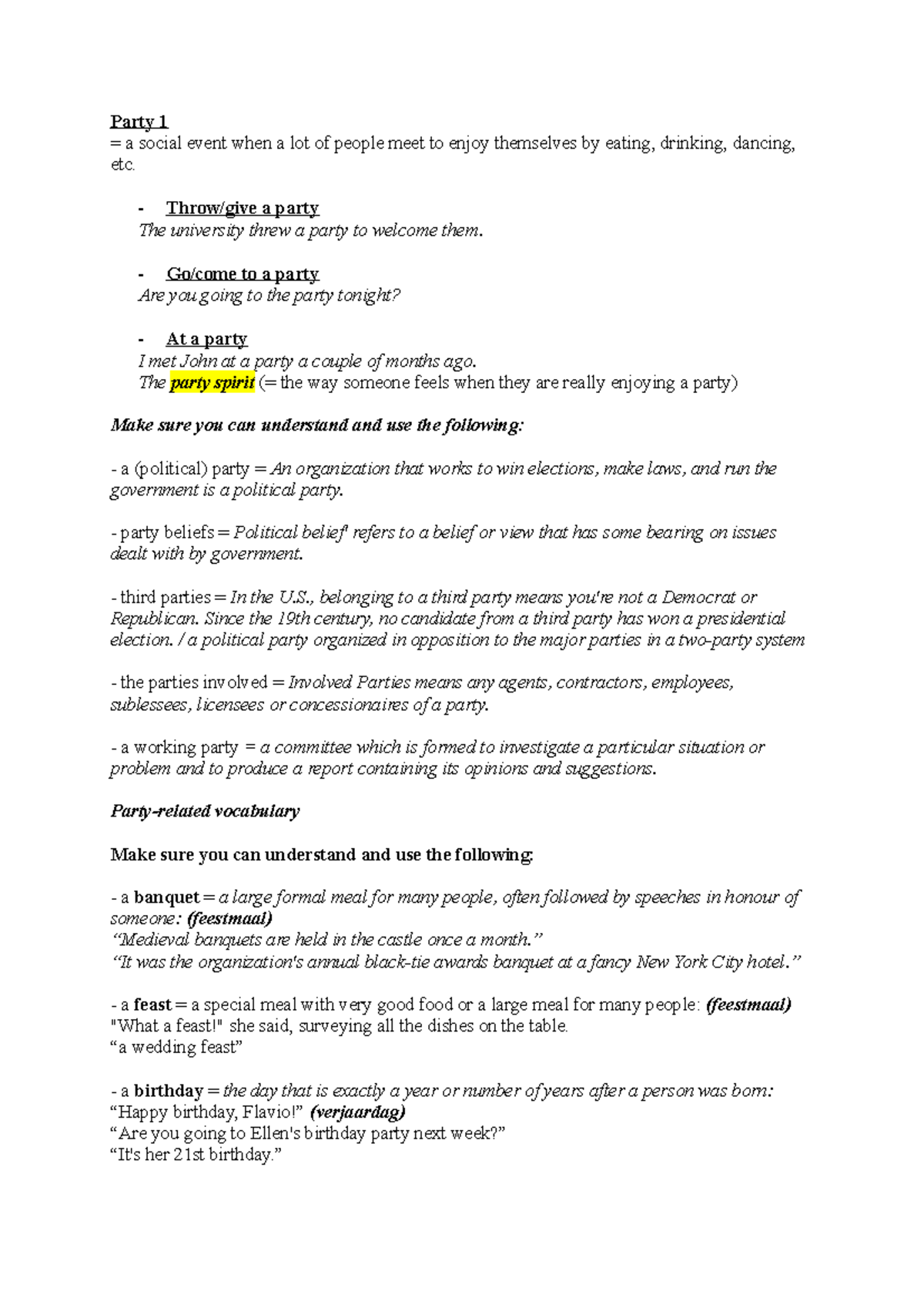 EX ENG - Examen Engels wat te kennen voor examen semester 3 - Party 1 ...