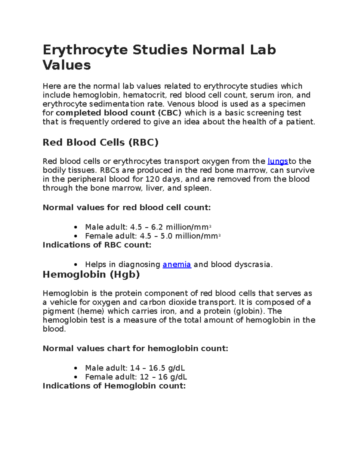 Erythrocyte Studies Normal Lab Values - Erythrocyte Studies Normal Lab ...