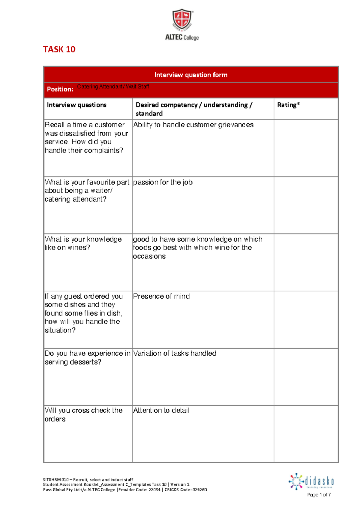 Assessment C Templates Task 10 - SITXHRM010 – Recruit, select and ...