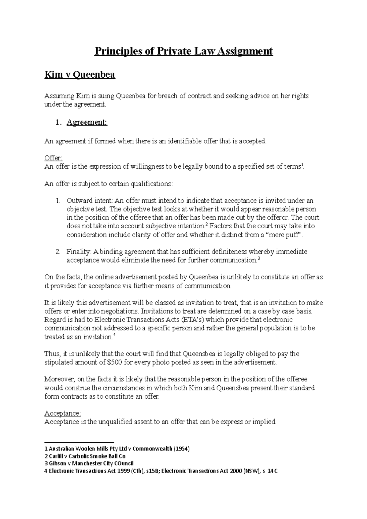 Principles of Private Law Assignment - 1. Agreement: An agreement if ...