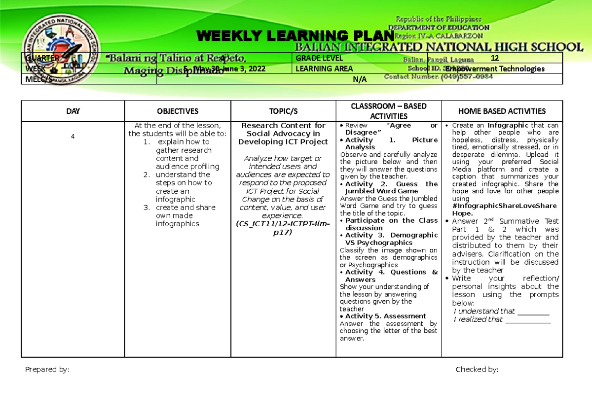 ET-WLP2 - must read - WEEKLY LEARNING PLAN QUARTER 4 th GRADE LEVEL 12 ...