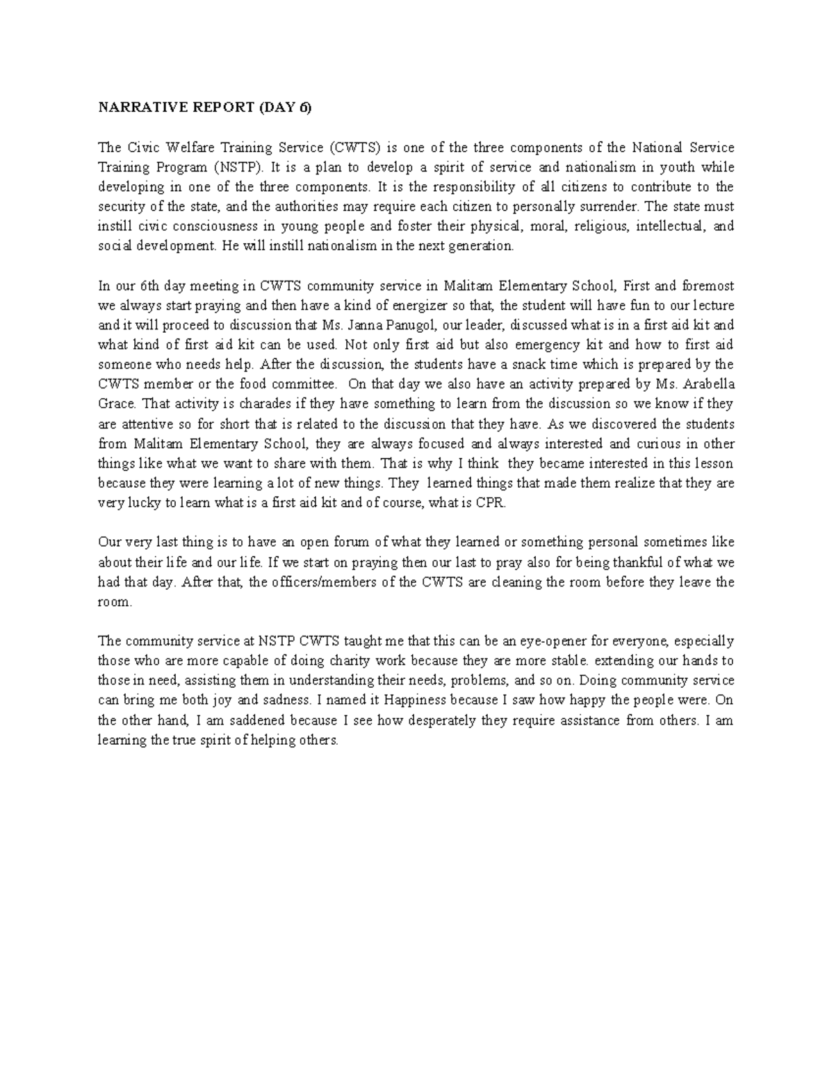 Narrative report day 6 - N/A - NARRATIVE REPORT (DAY 6) The Civic ...