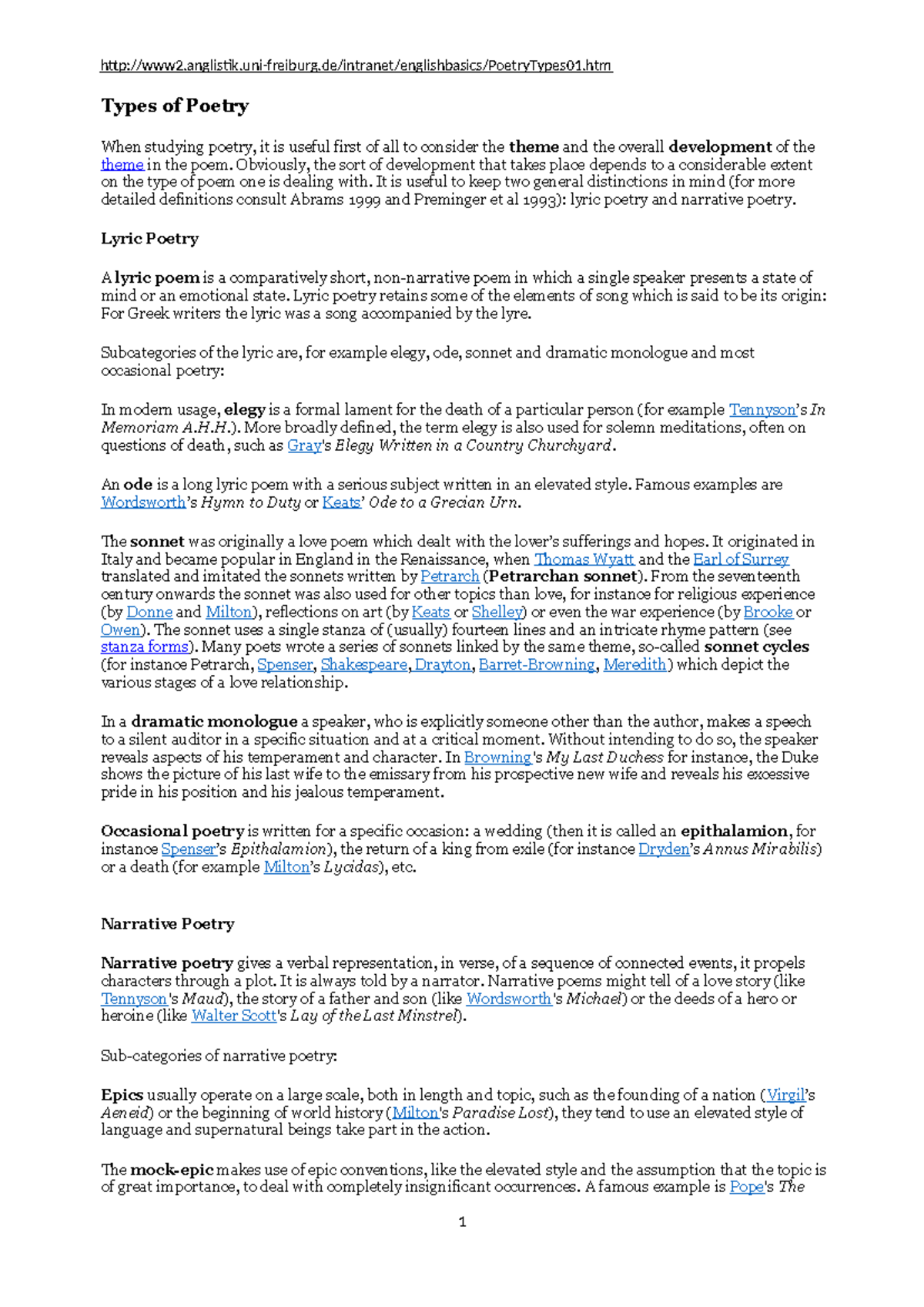 Types of Poetry - the Sonnet and other forms - - Studocu