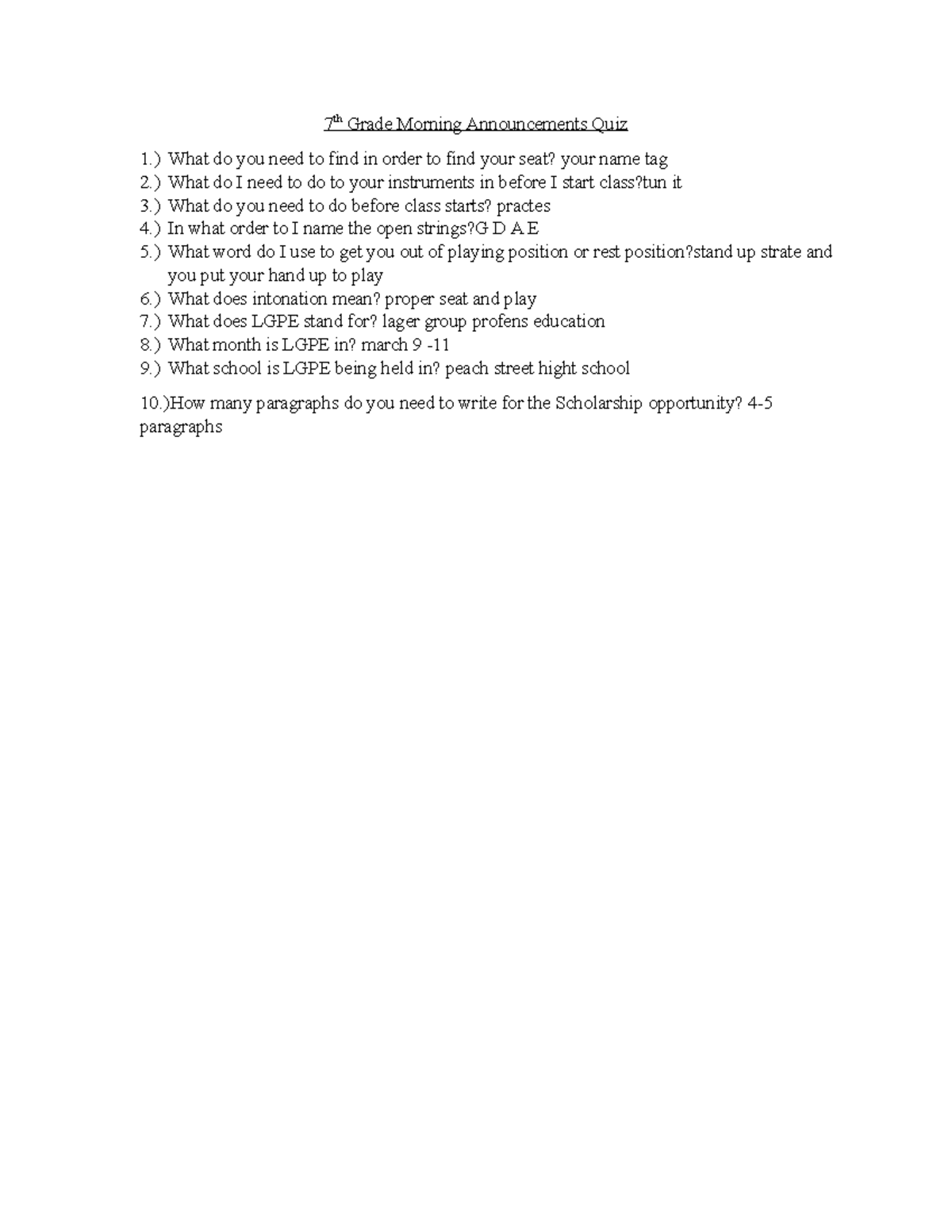 7th Grade Morning Announcements Quiz - ) What do you need to find in ...