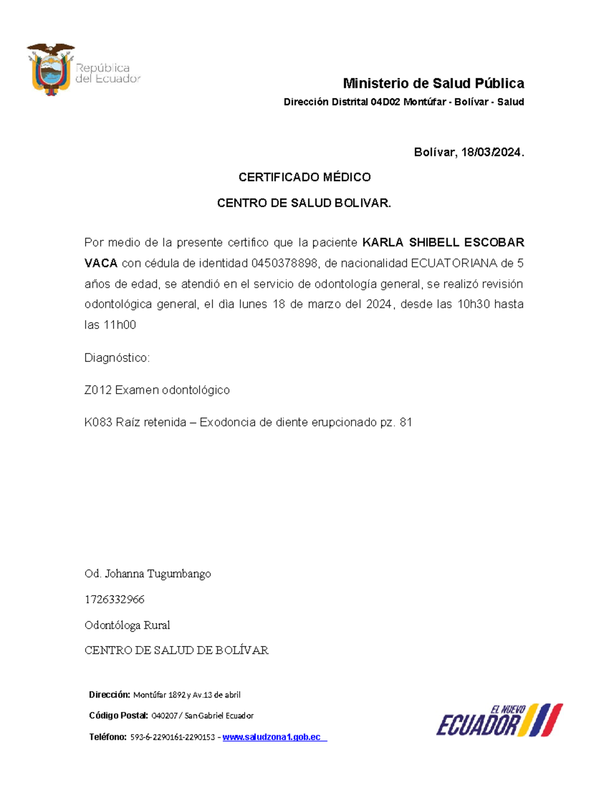 Certificado - Ministerio de Salud Pública Dirección Distrital 04D02 ...