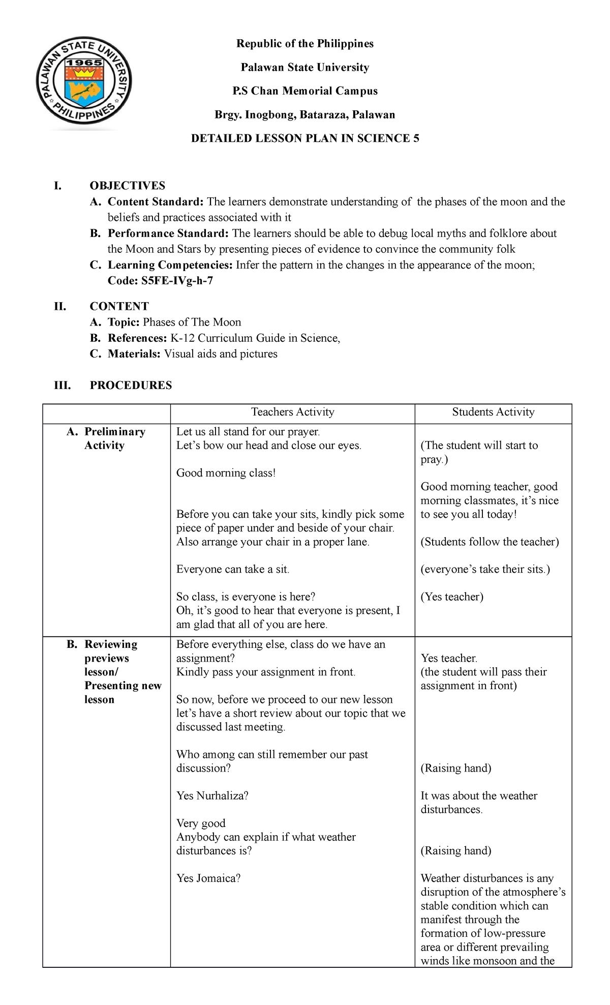 Detailed Lesson Plan in Science 5 - Republic of the Philippines Palawan ...