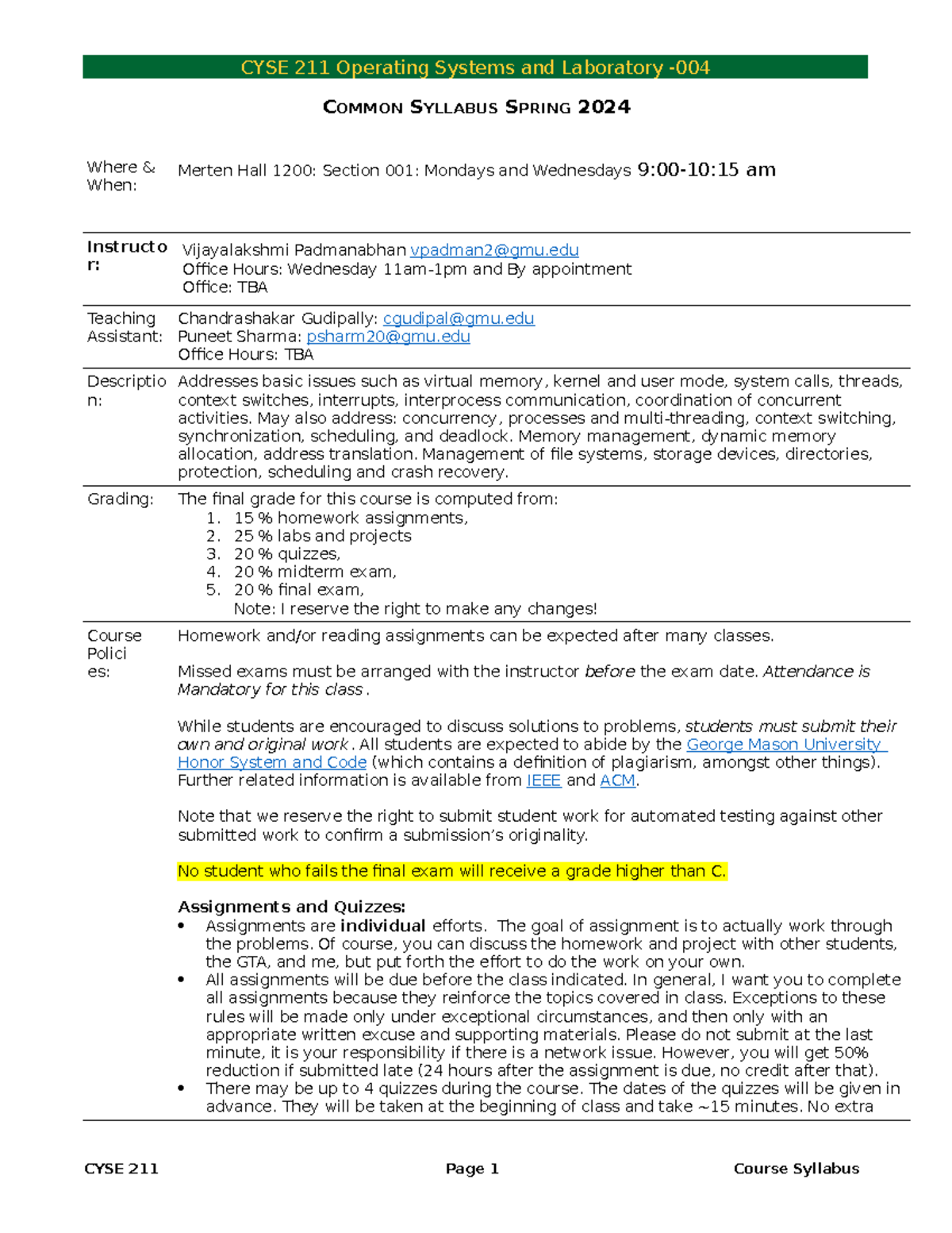 CYSE 211 Spring 2024 Course Syllabus and schedule - CYSE 211 Operating Systems and Laboratory ...