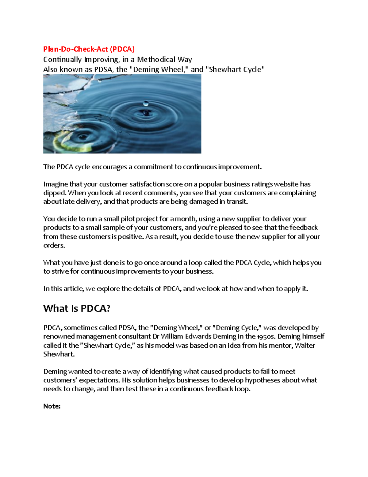 Pdca - notes - Plan-Do-Check-Act (PDCA) Continually Improving, in a ...