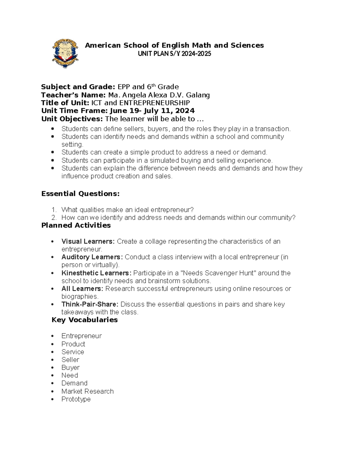 6th Grade EPP 1Q-Unit Plan-Midterm-PBL - American School of English ...